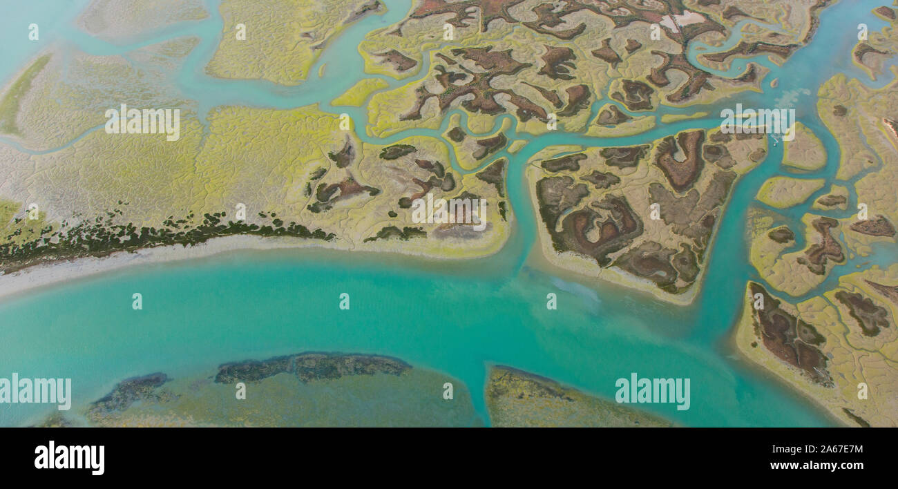 Aerial view on marshlands, Bahia de Cadiz Natural Park. Costa de la Luz ...