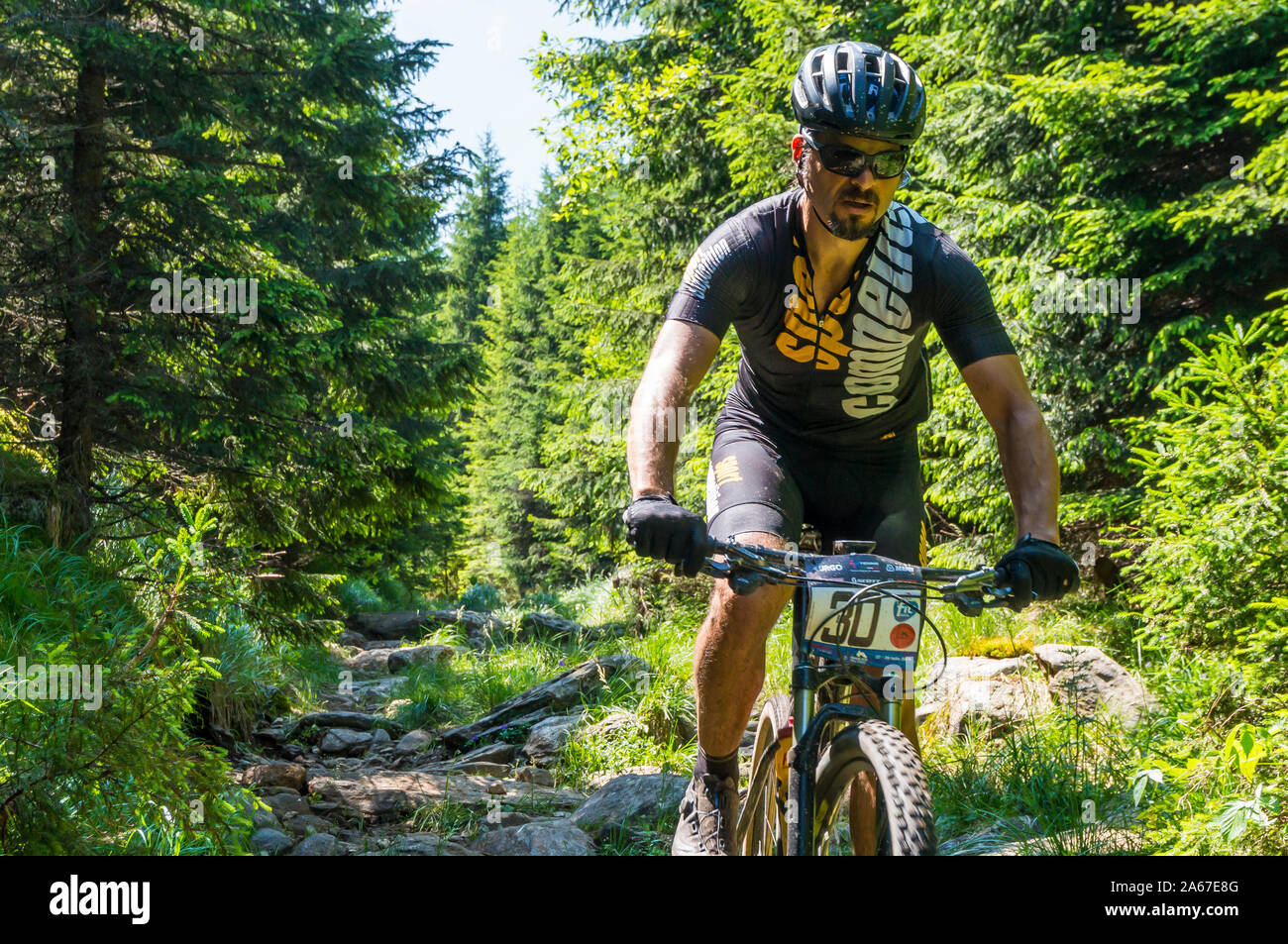 Mountain biker in action in alpine landscape. Extreme sport and ...