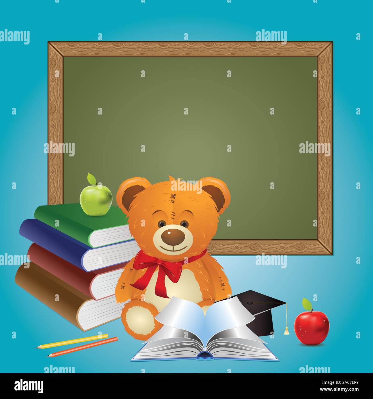 Cute teddy bear illustration with books, back to school background ...