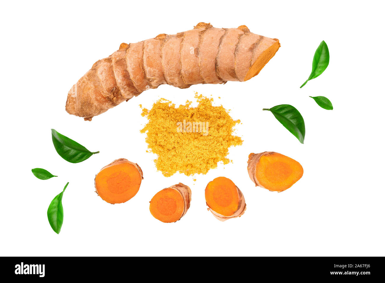 Turmeric root and slice isolated on white background. Top view. Flat ...