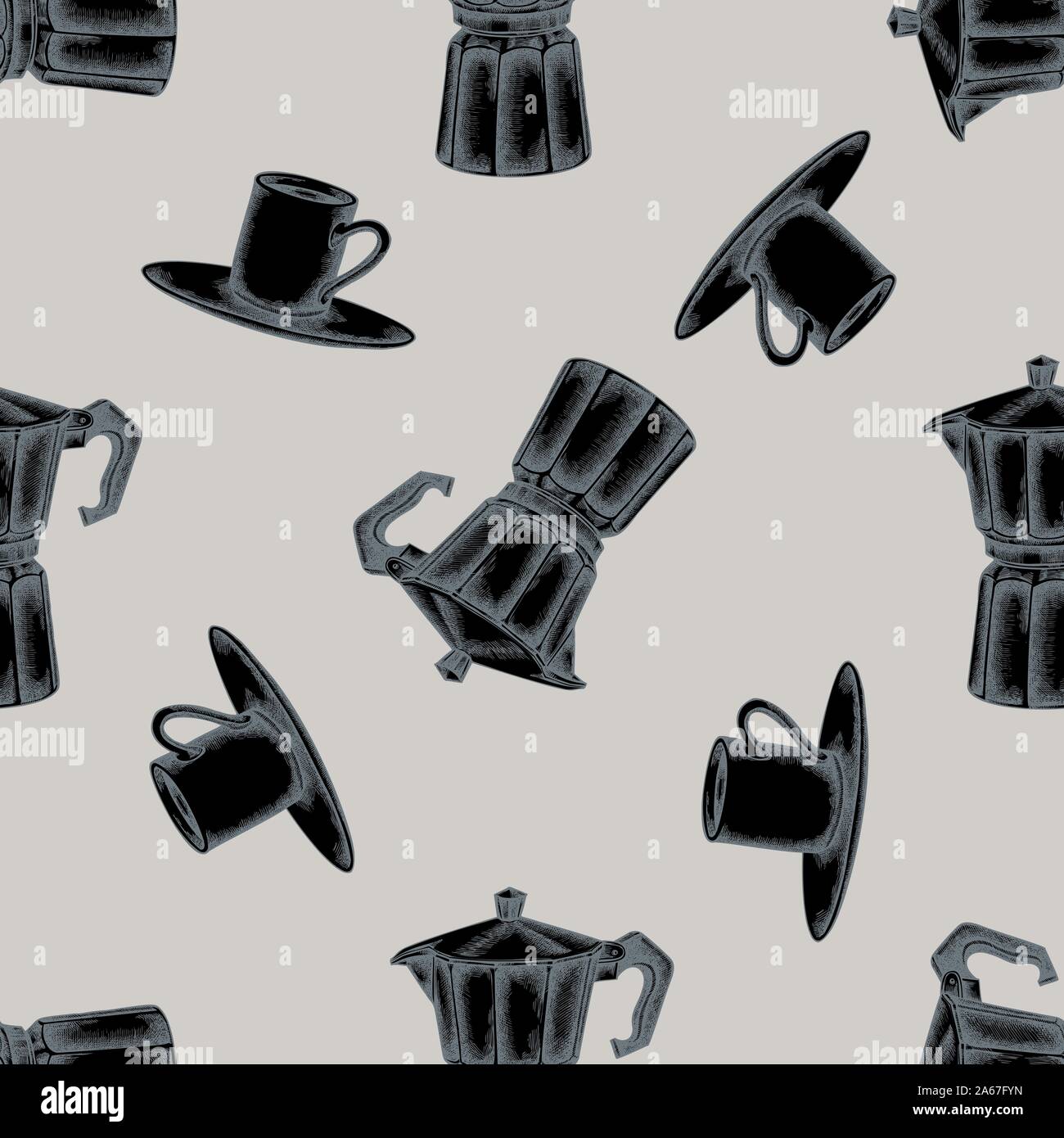Seamless pattern with hand drawn stylized espresso cup, coffee pot ...