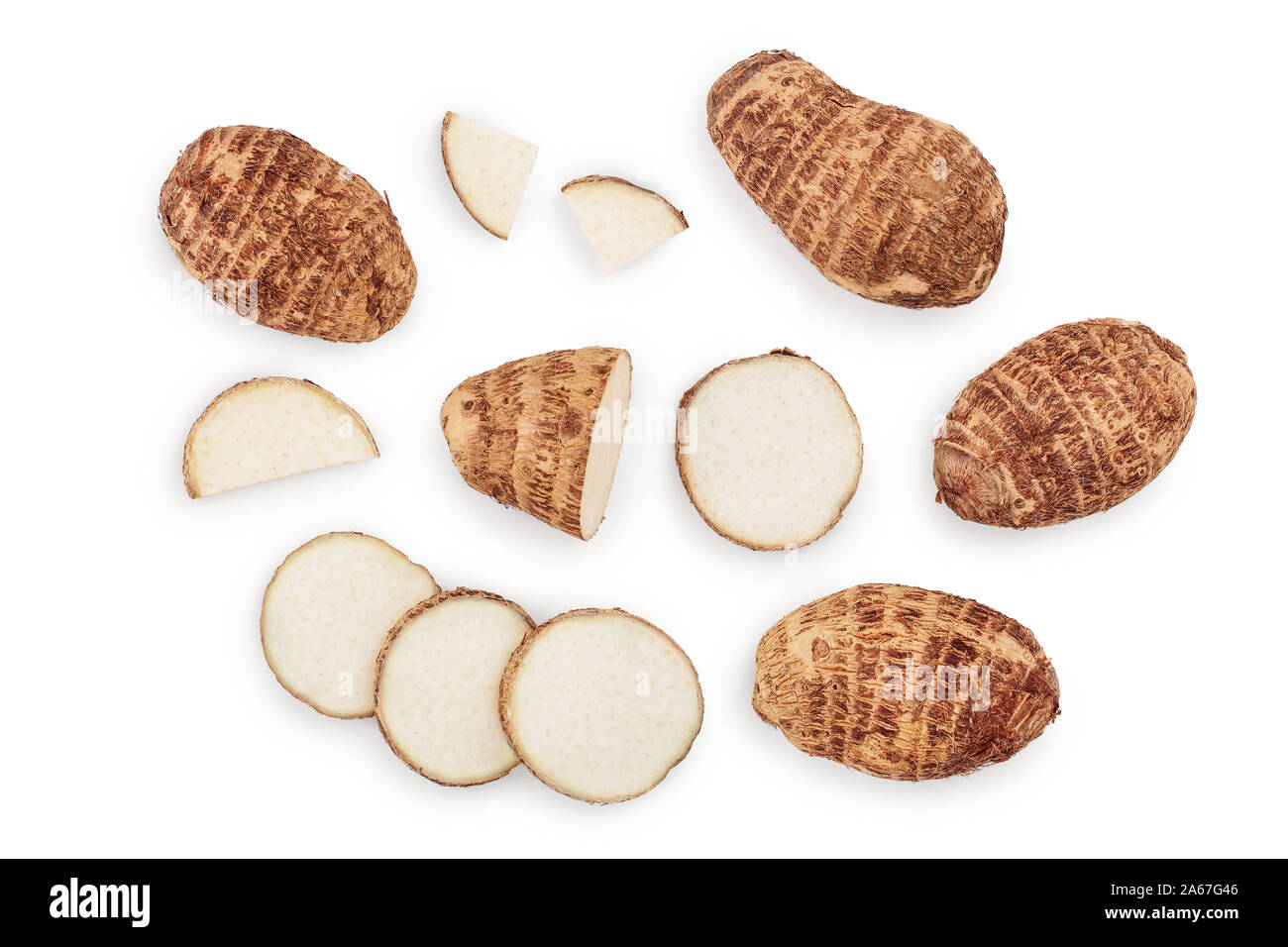 fresh taro root isolated on white background. Top view. Flat lay. Set ...