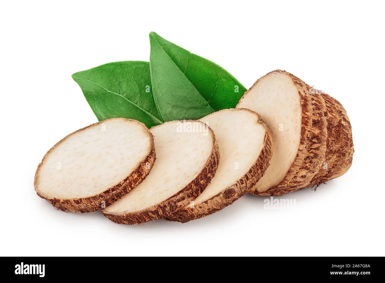 fresh taro root sliced with leaf isolated on white background Stock ...