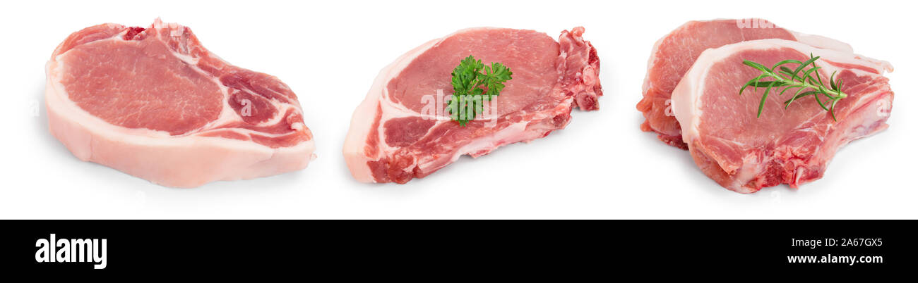 sliced raw pork meat isolated on white background. Top view. Flat lay ...