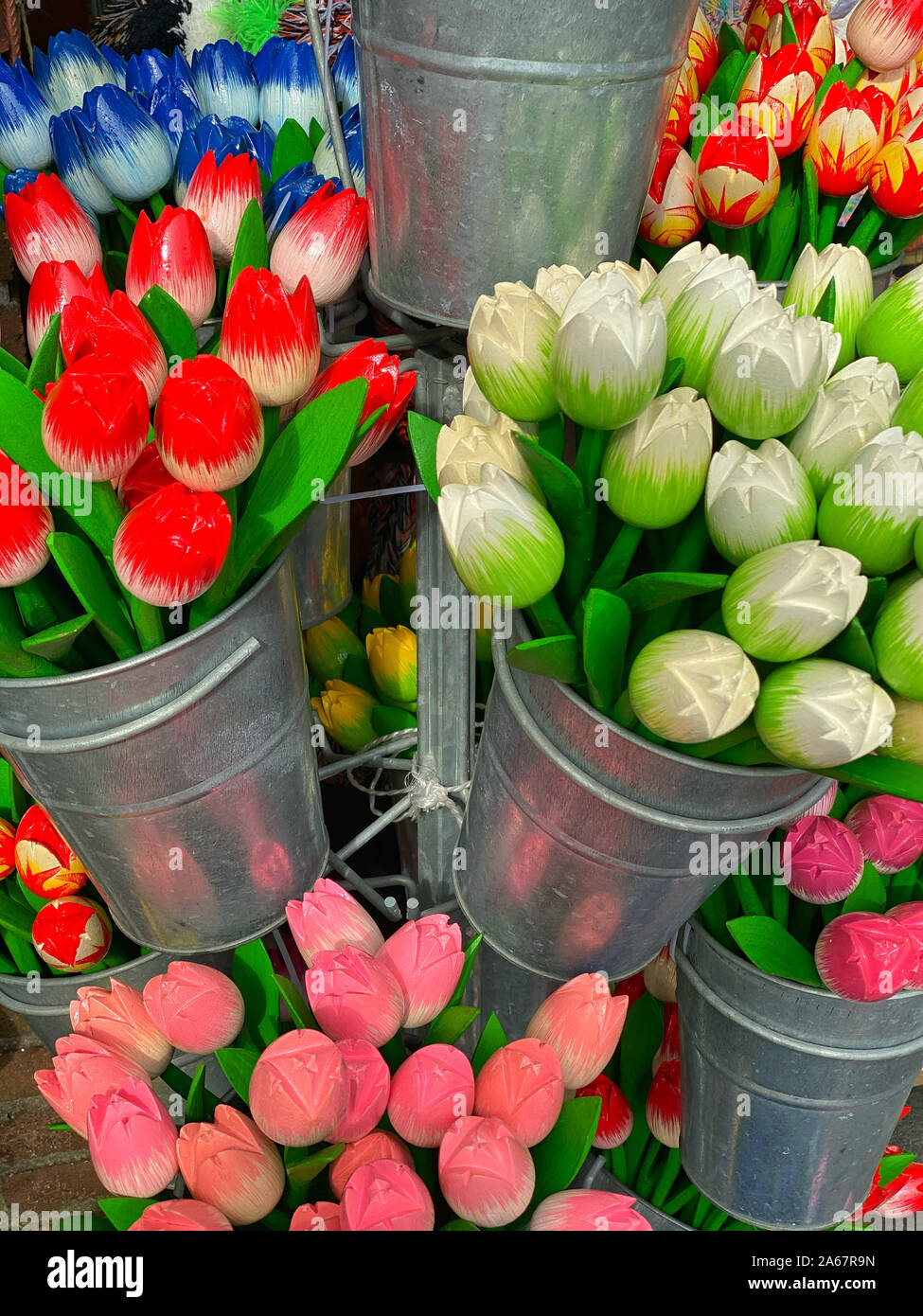 Wooden tulips in the shop in Volendam. Volendam is a town in North ...