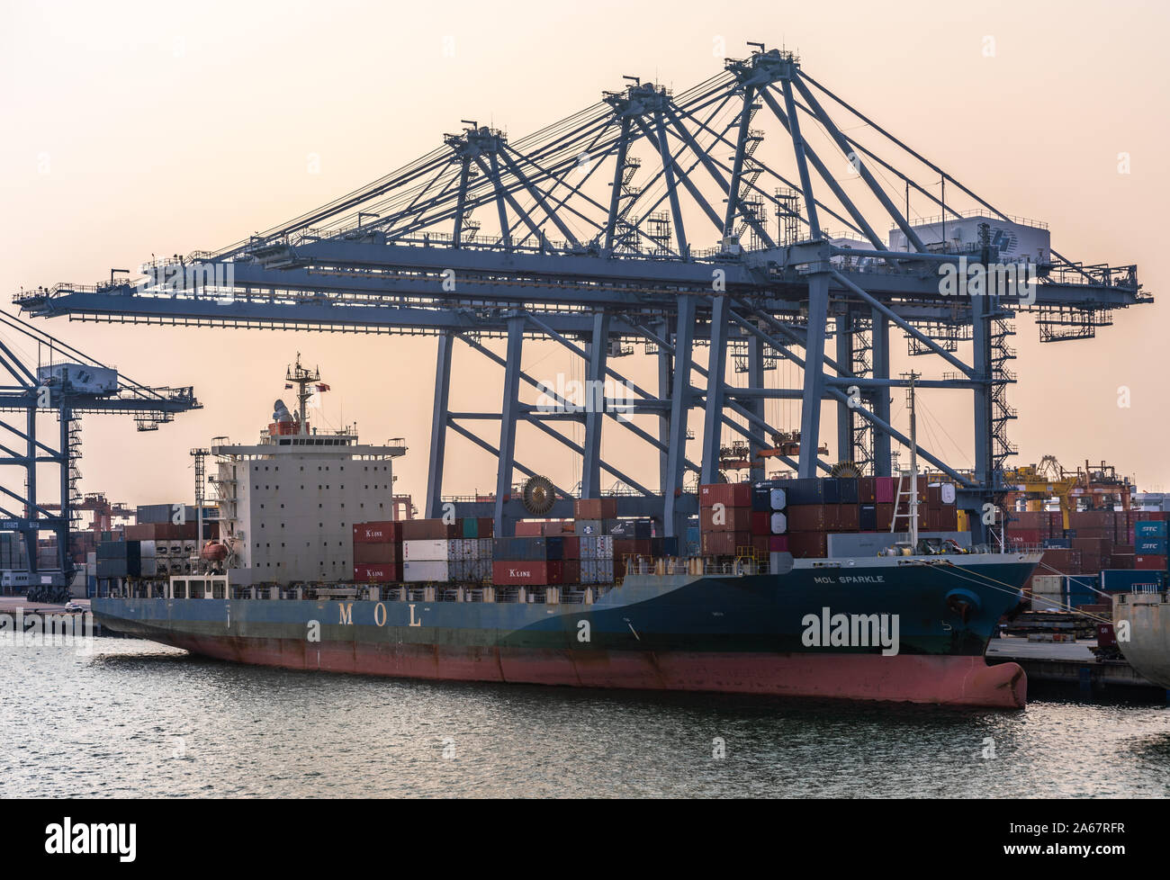 Laem Chabang seaport, Thailand - March 17, 2019: Blue-red small ...
