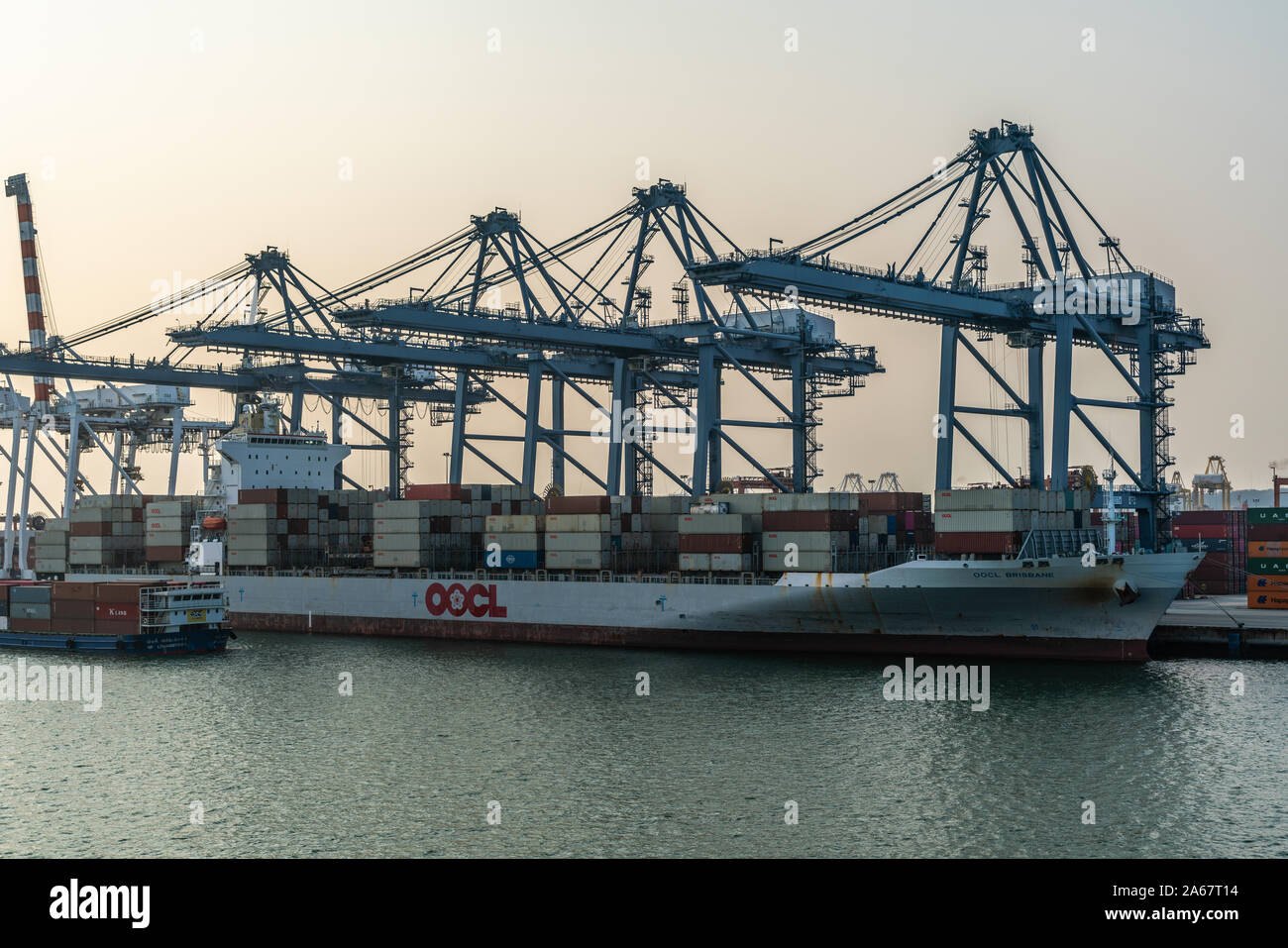 Laem Chabang seaport, Thailand - March 17, 2019: Gray and maroon OOCL ...