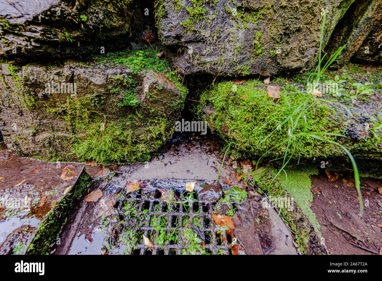 Drainage on a stone floor on a path with a mossy rock fence with a hole ...
