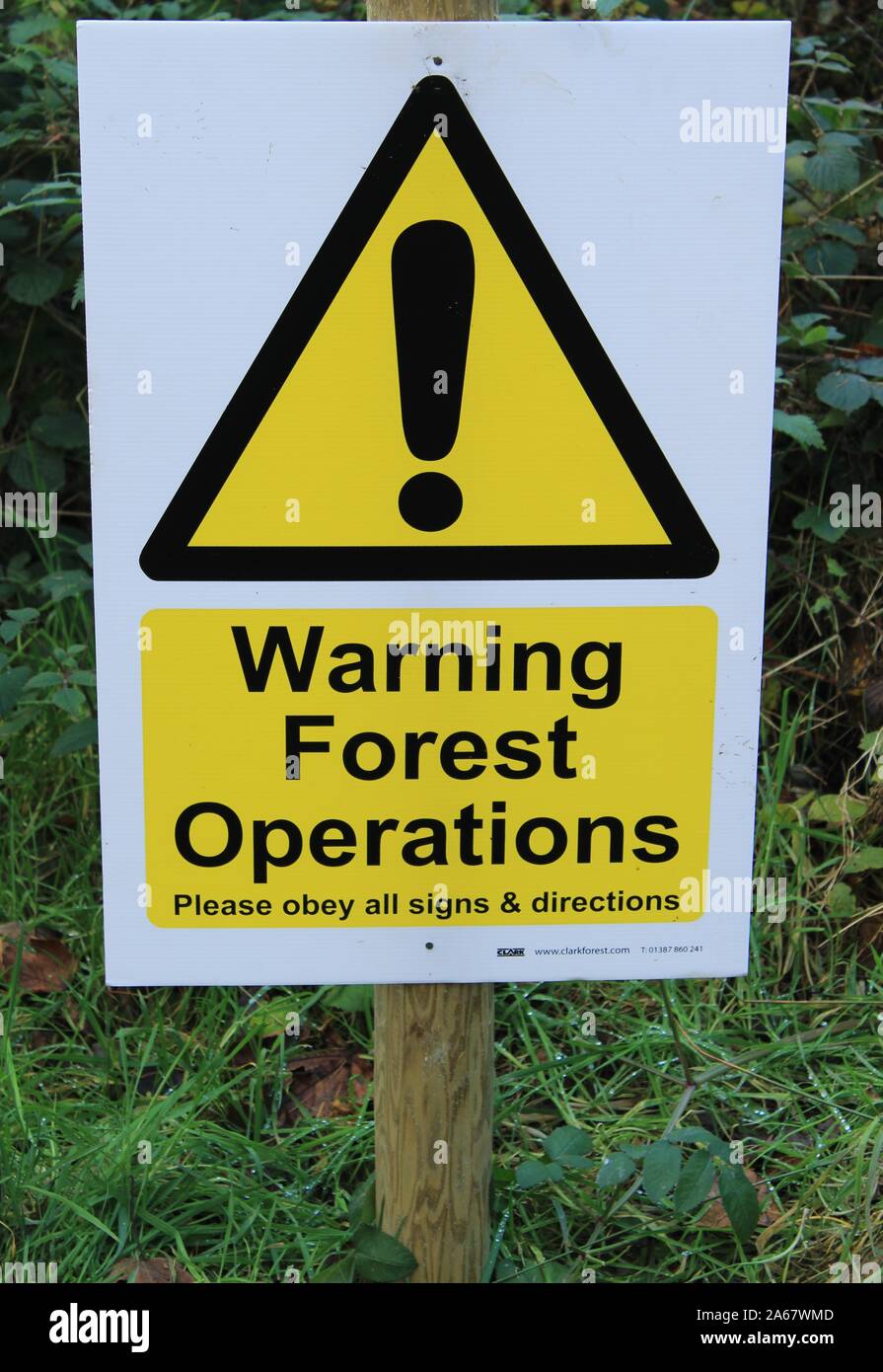 Warning sign for woodland and forest tree felling and woodland and ...