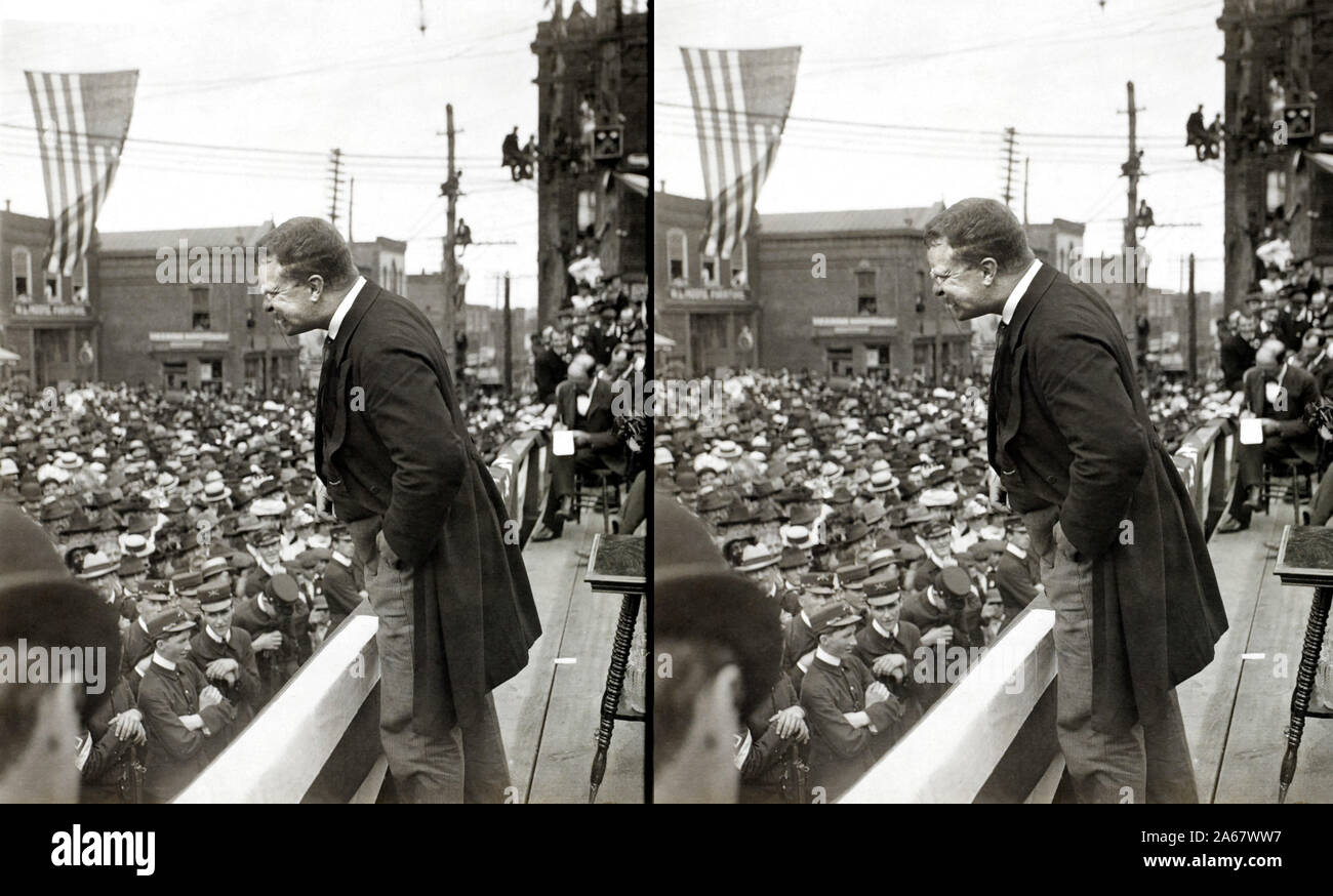 U.S. President Theodore Roosevelt Speaking to Crowd, Asheville, North Carolina, USA, Stereo Card ...