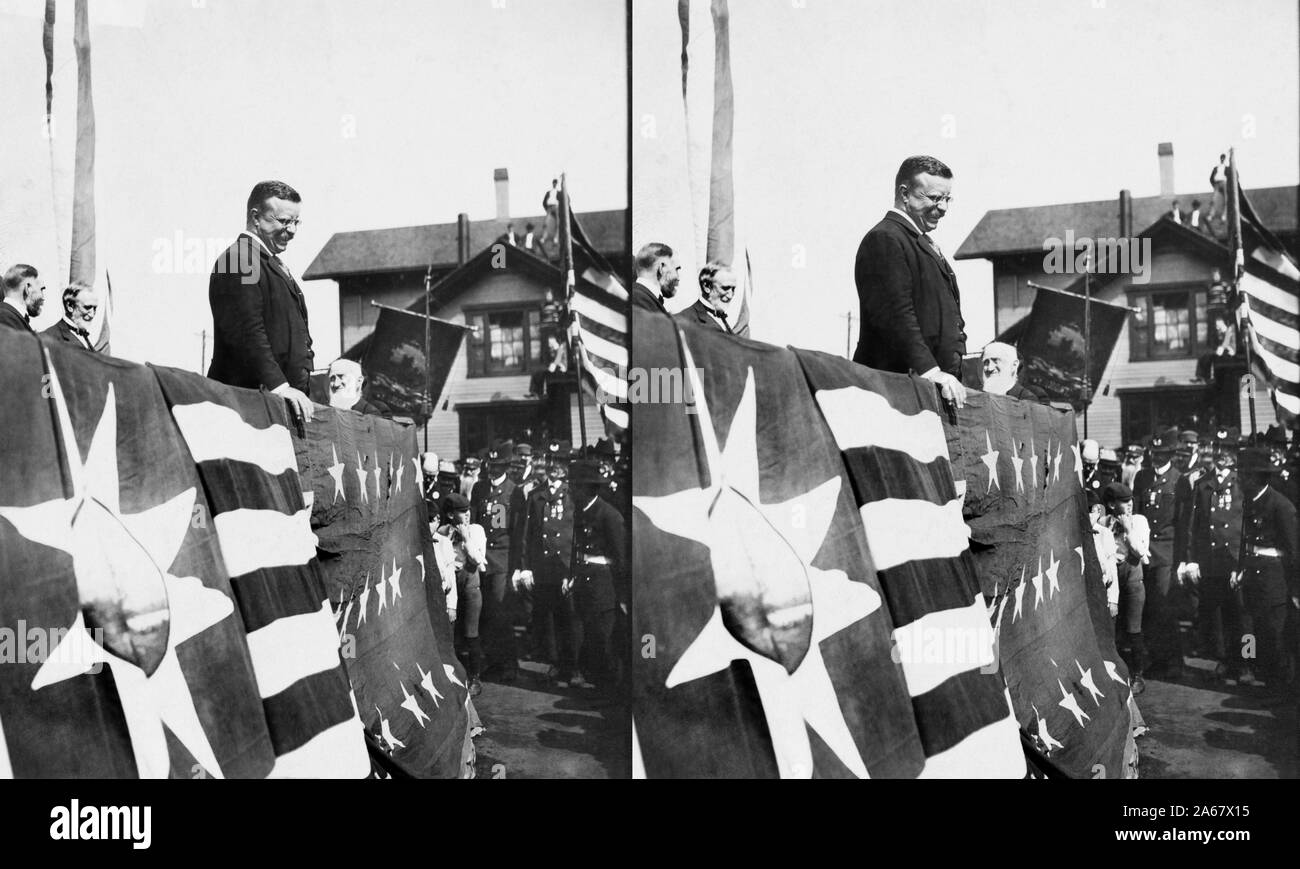 U.S. President Theodore Roosevelt on Flag-Draped Platform, smiling to ...