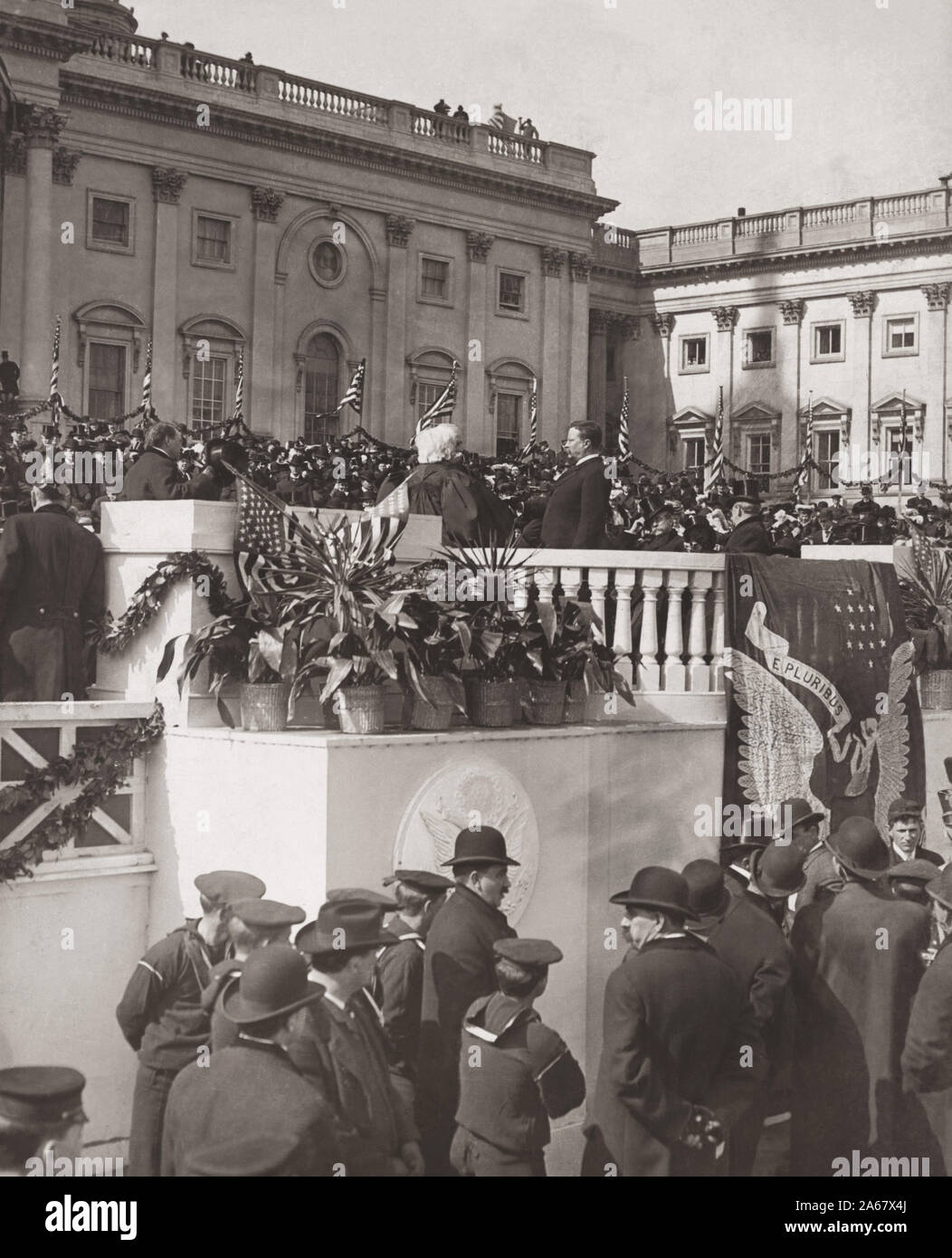 Theodore Roosevelt Taking Oath of Office during Inauguration Ceremony, Washington, D.C., USA ...