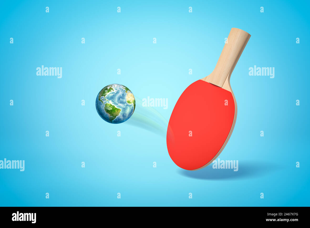 3d rendering of ping pong racket and earth globe as ping pong ball on ...