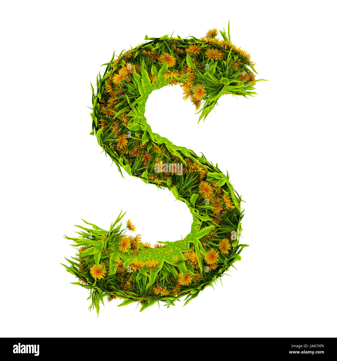 Letter S made of flowers and grass isolated on white. 3d illustration ...