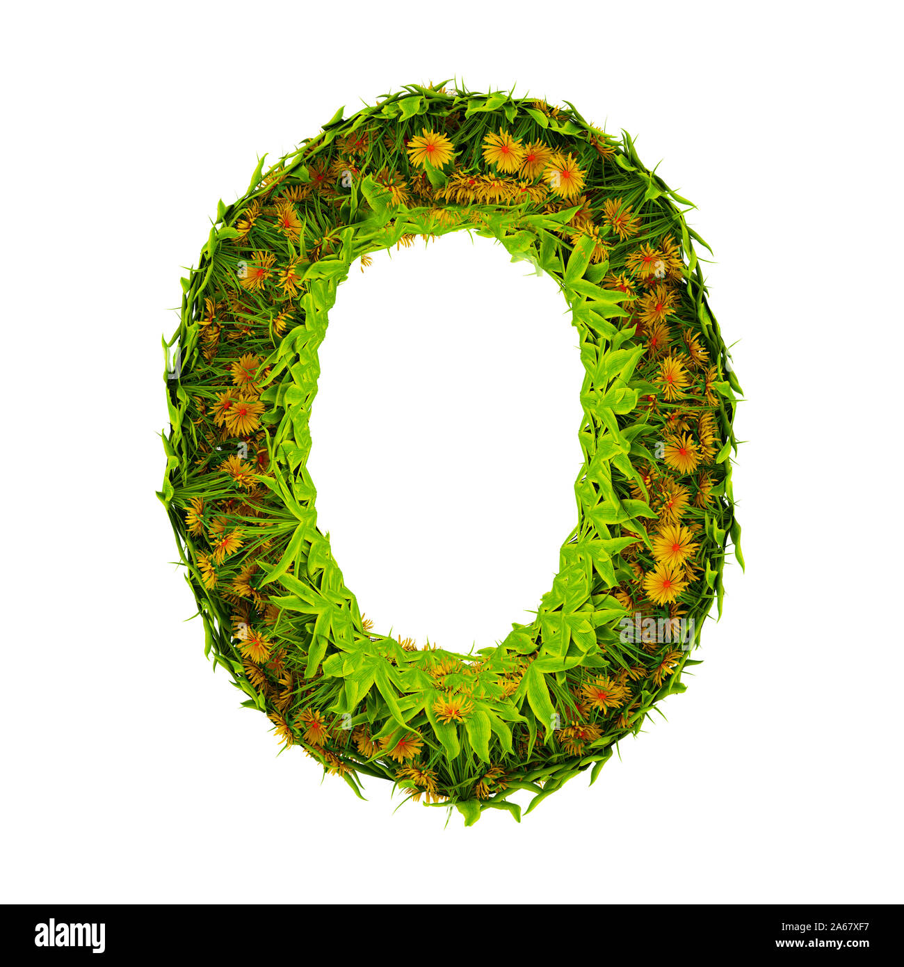Letter O made of flowers and grass isolated on white. 3d illustration ...