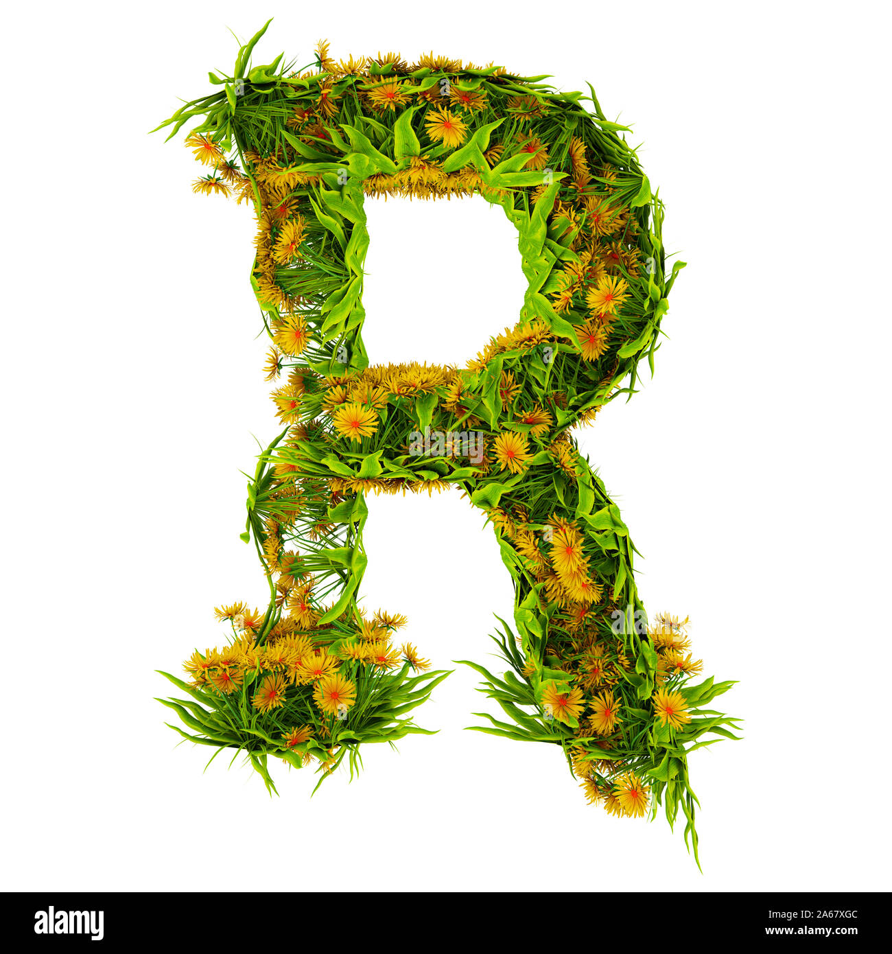 Letter R made of flowers and grass isolated on white. 3d illustration ...