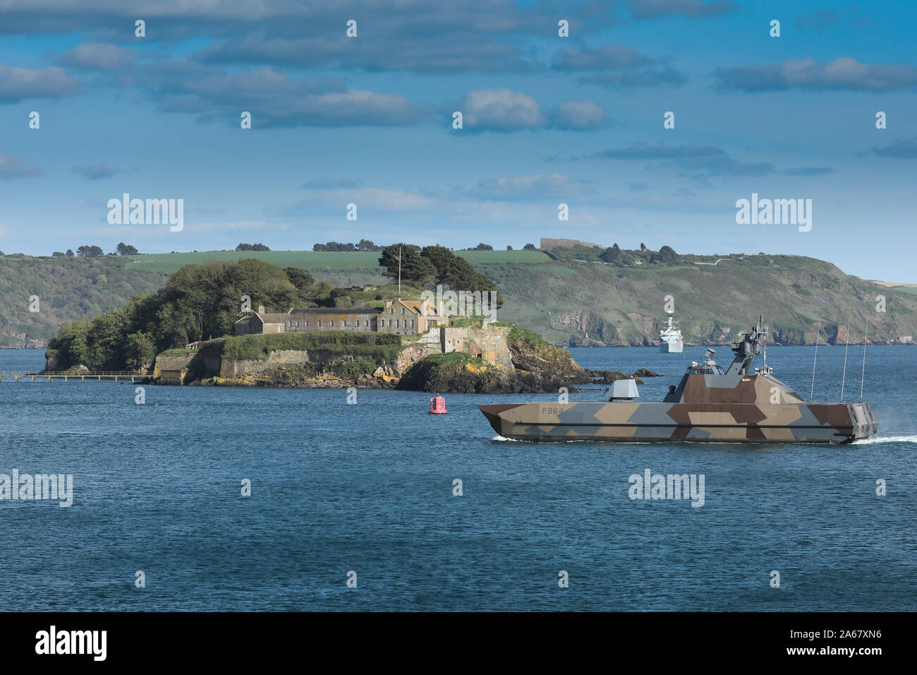 Skjold class warship passing Drake's Island, Plymouth Sound Stock Photo ...