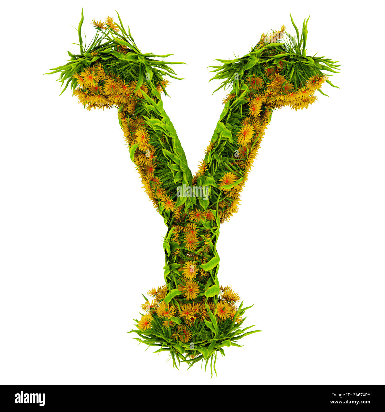 Letter Y made of flowers and grass isolated on white. 3d illustration ...
