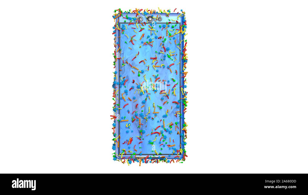 Smartphone covered with germs, bacteria, viruses, microbes. 3d ...