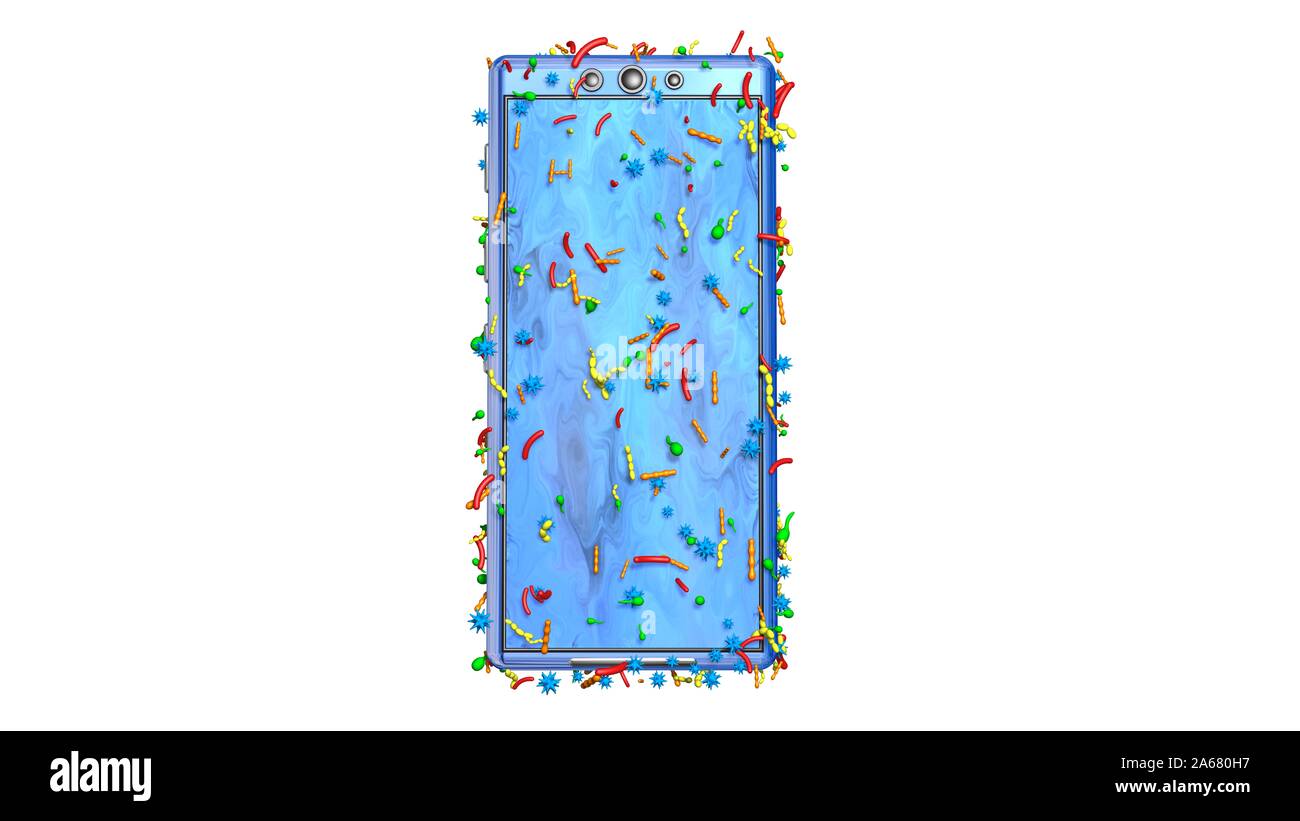 Smartphone covered with germs, bacteria, viruses, microbes. 3d ...