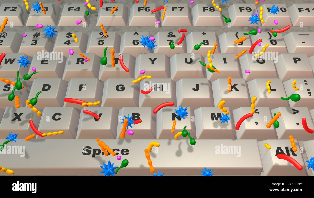 Computer keyboard covered with germs, bacteria, viruses, microbes.Close ...