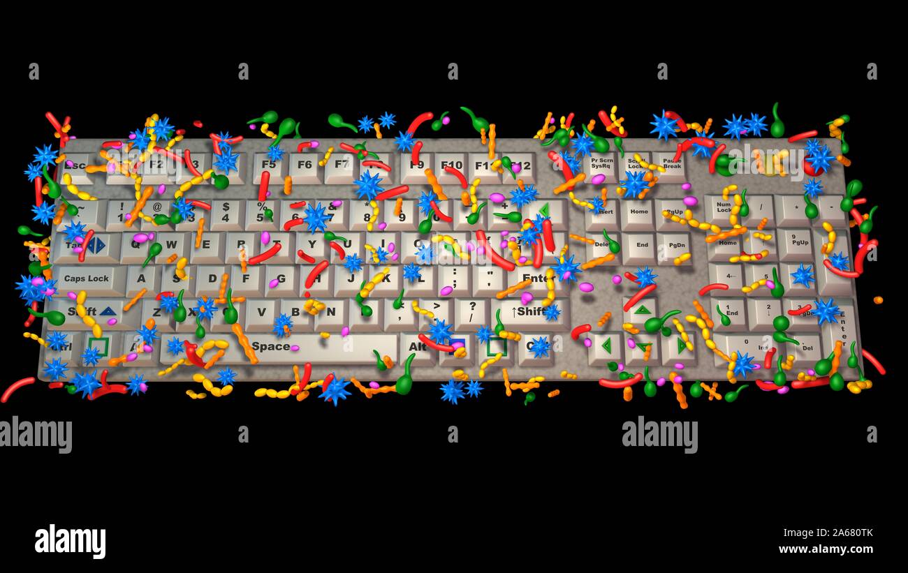 Computer keyboard covered with germs, bacteria, viruses, microbes.Close ...
