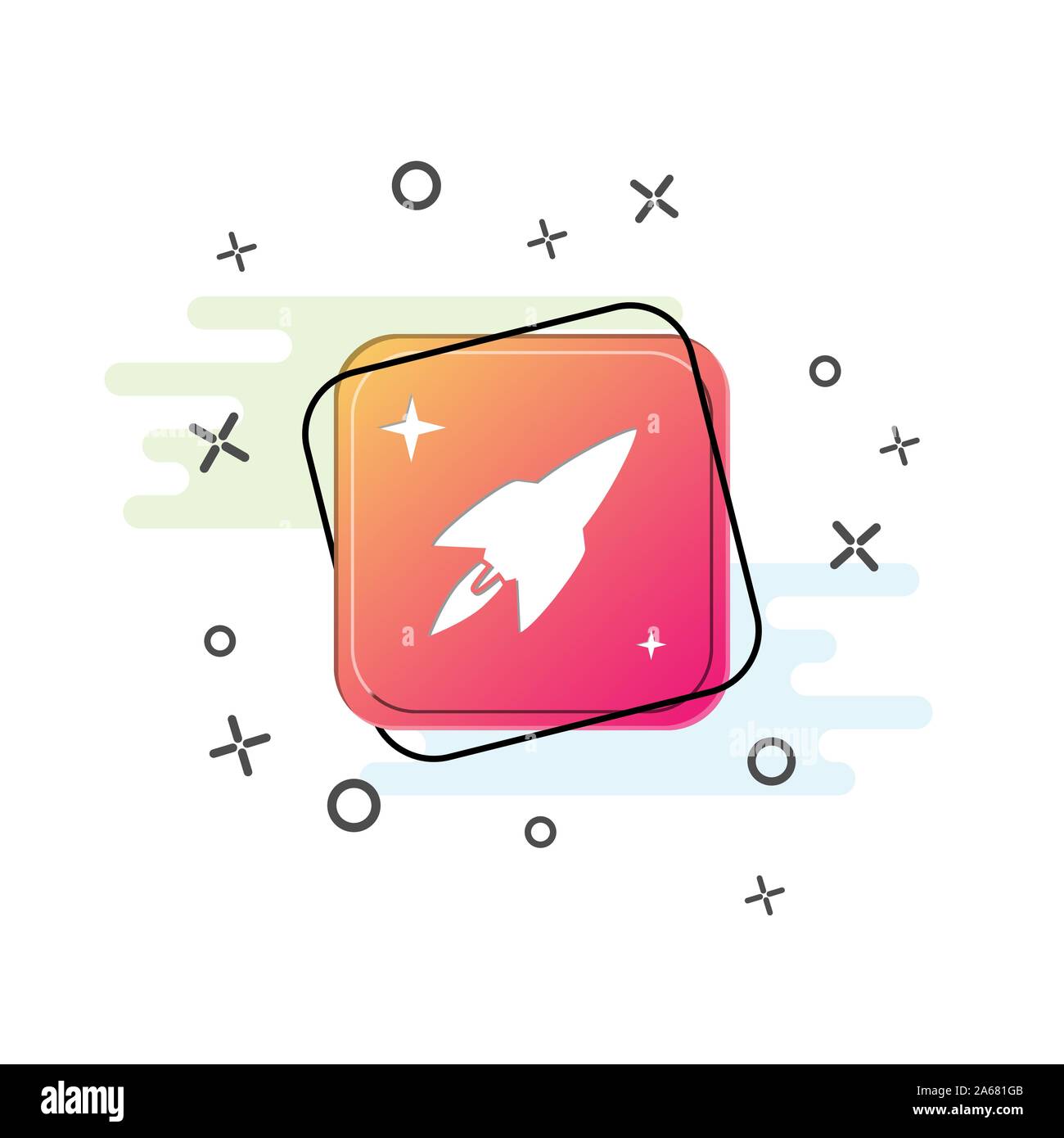 Purple square button with a white icon of a rocket. Simple flat design ...