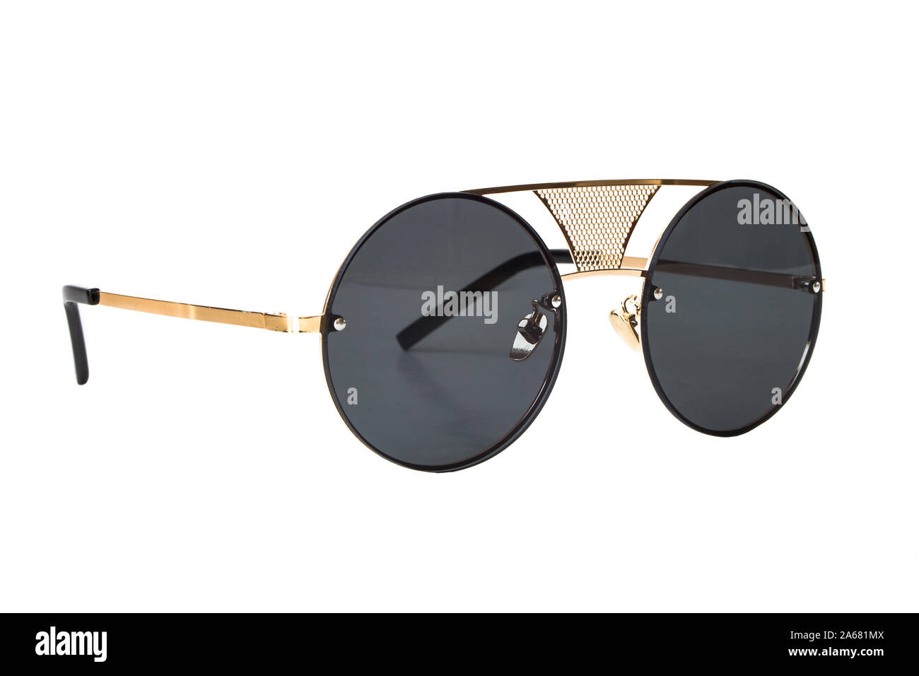 Black round aviator pilot style sunglasses with thin grid shape golden ...