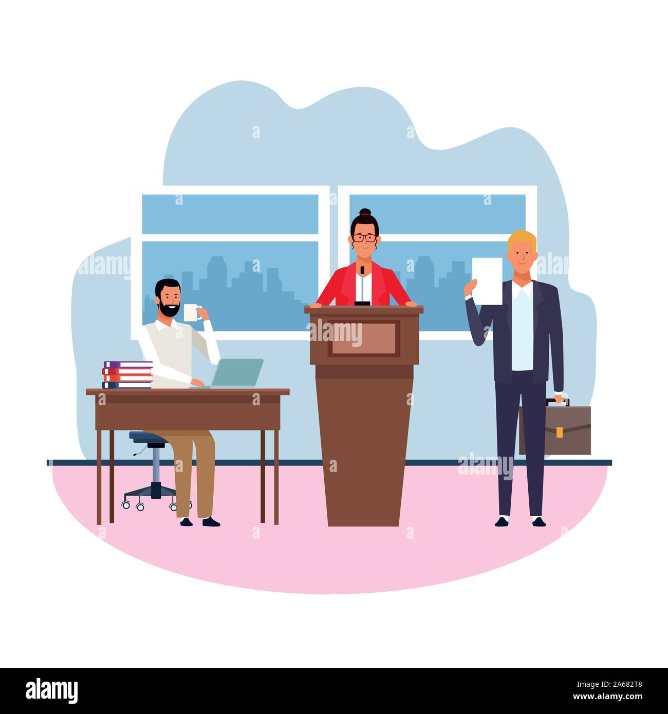 cartoon businesswoman at conference podium, colorful design Stock ...
