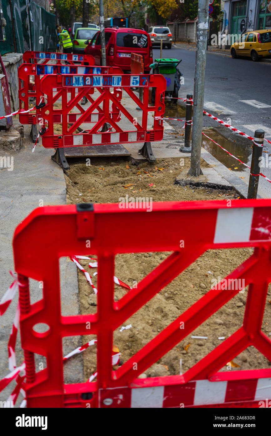 Red construction delimitation area in downtown Bucharest, Romania, 2019 ...