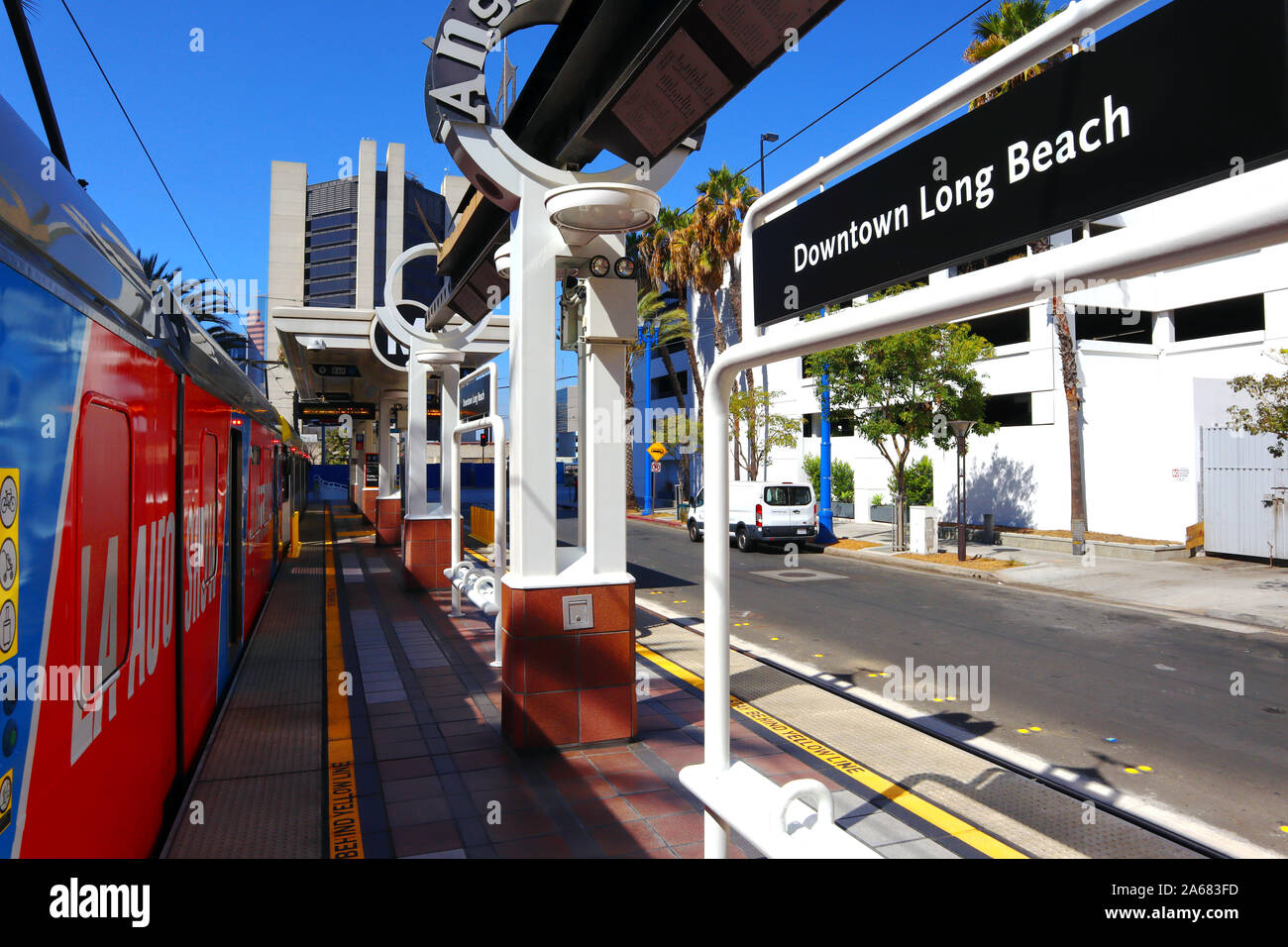 Downtown Long Beach Metro Station with Blue Line Metro Rail Train from ...