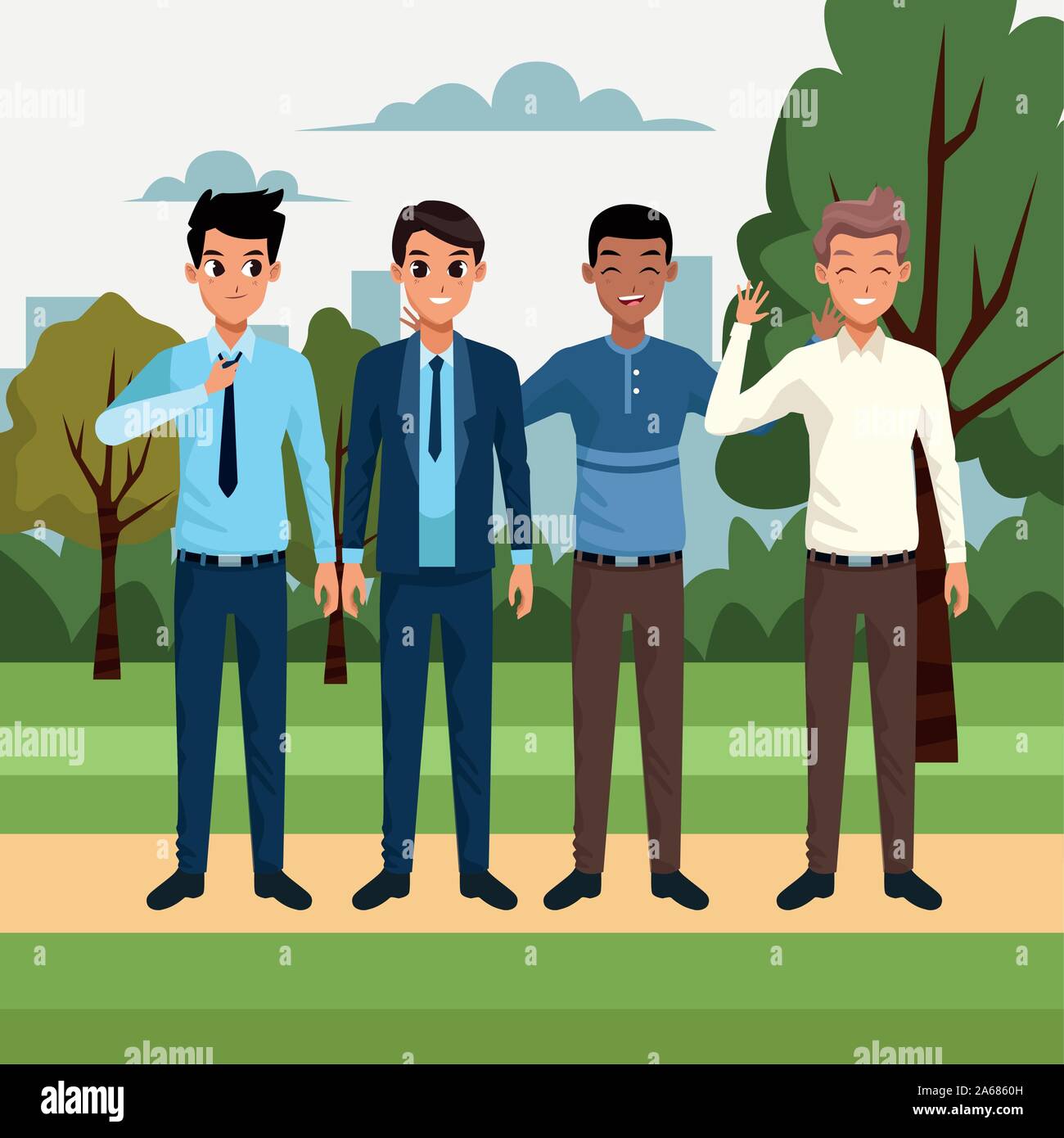cartoon young friends men standing in the park Stock Vector Image & Art ...