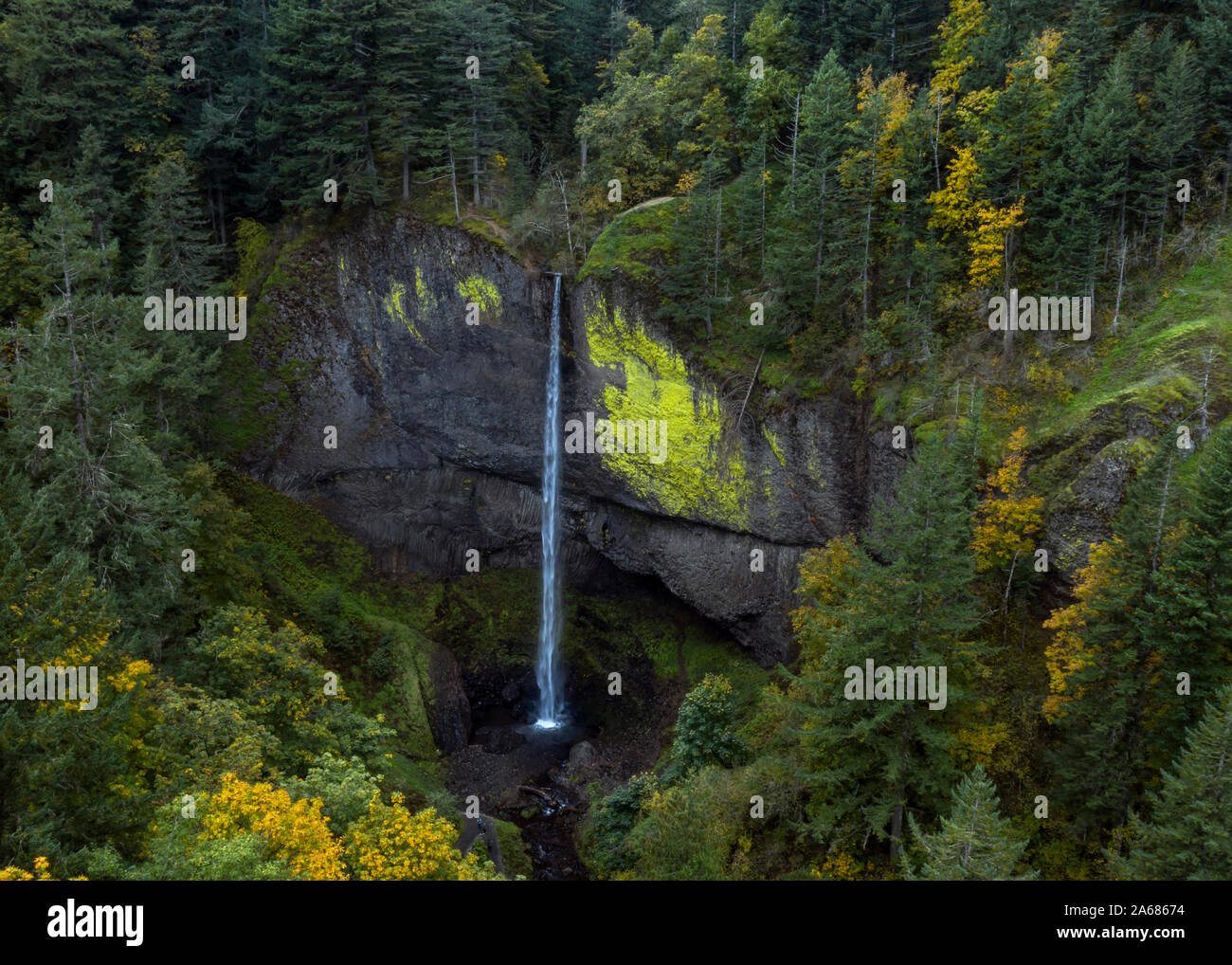 Aerial view of Latourell Falls, a waterfall along the Columbia River ...