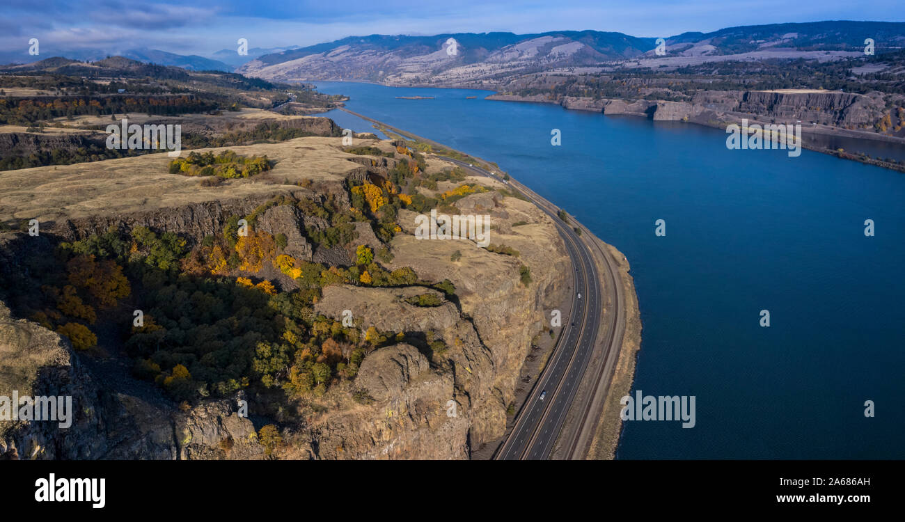 Panoramic view of the Columbia River Gorge in autumn from Rowena view ...