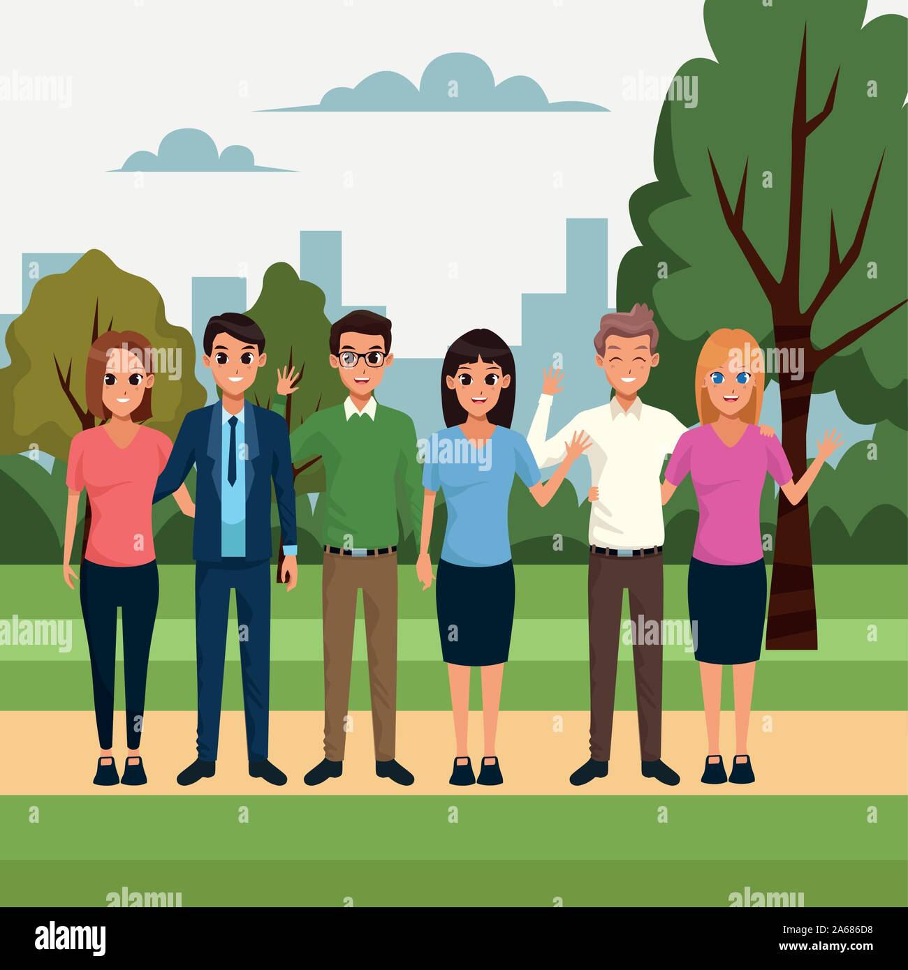 cartoon friends waving in the park, colorful design Stock Vector Image ...