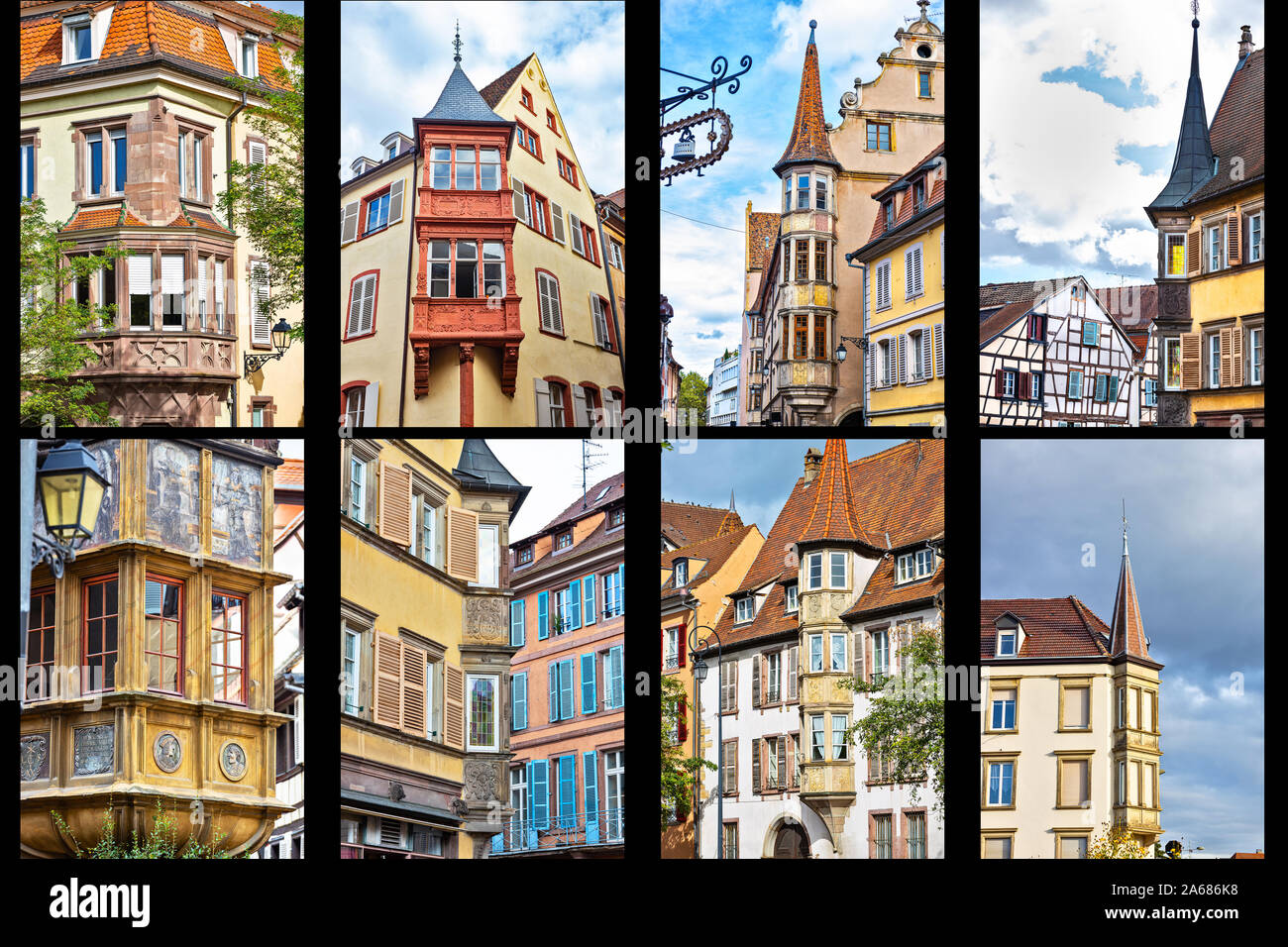 Collage of house exterior architectural structure called oriel, in ...