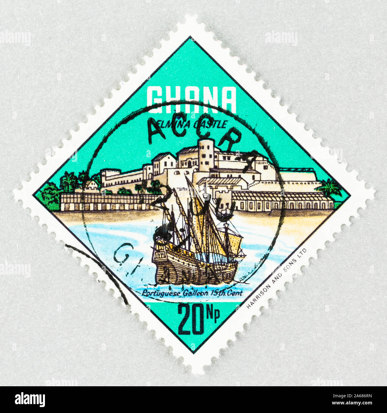 Close up of Ghana postage stamp, featuring a Portuguese sailing ship ...