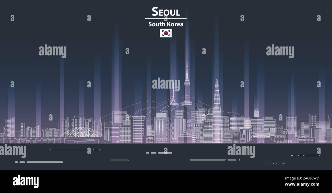 Seoul cityscape at night line art style detailed vector illustration ...