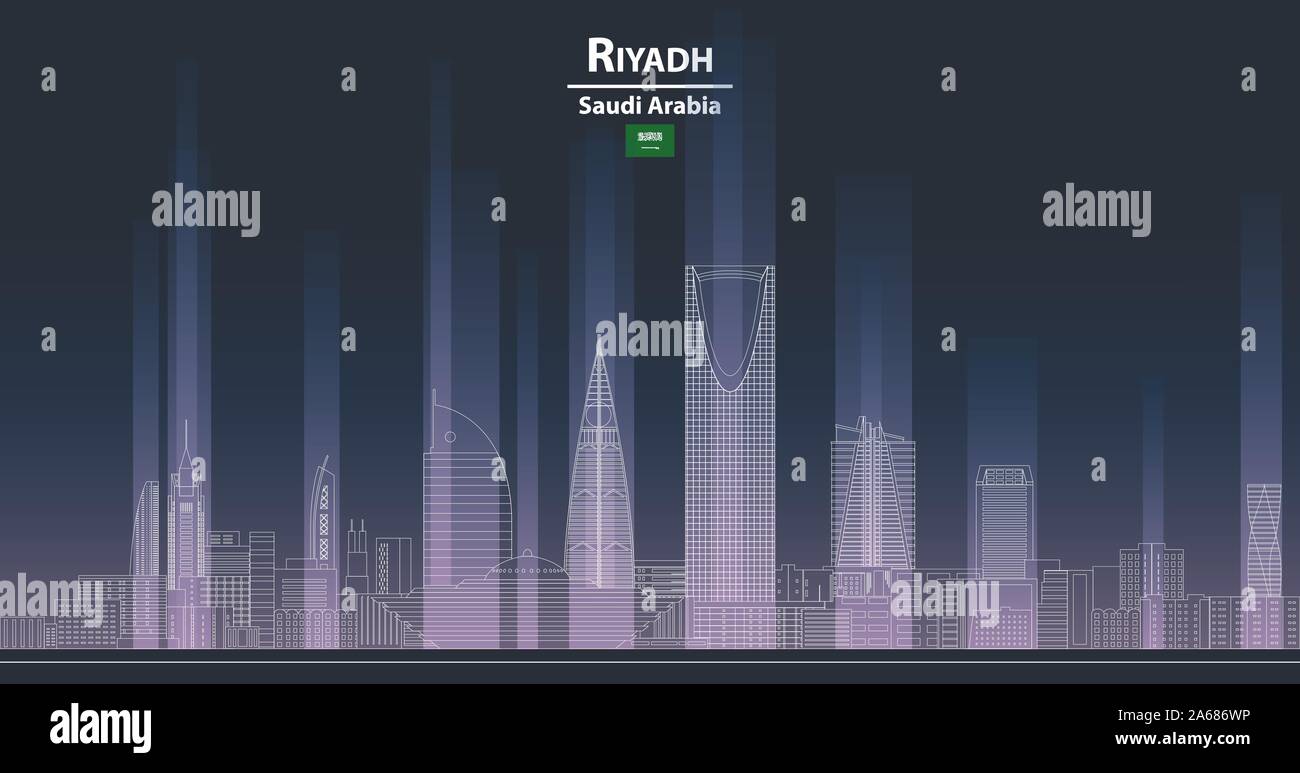Riyadh cityscape at night line art style detailed vector illustration ...