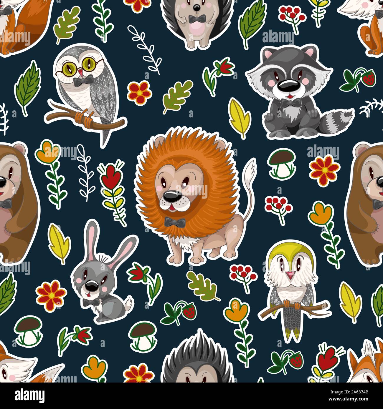 Seamless pattern with cute baby animals andflowers for kids. Bear ...