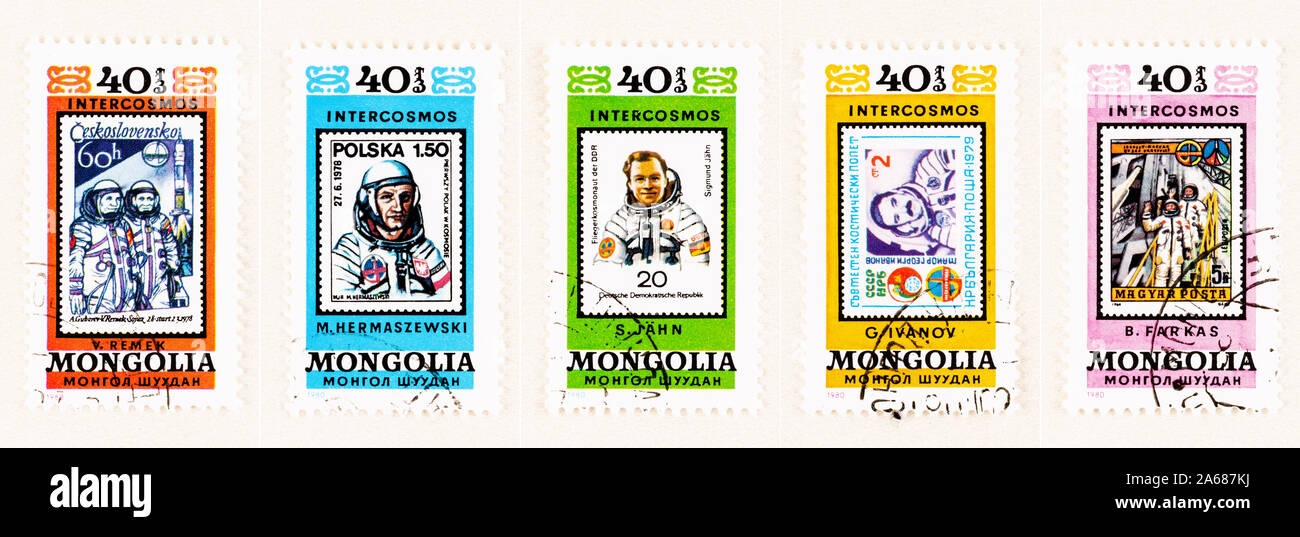 Stamps commemorating Intercosmos, a Soviet space program to help allies ...