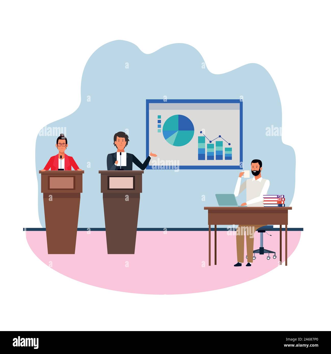 cartoon business man and woman at conference podiums Stock Vector Image ...