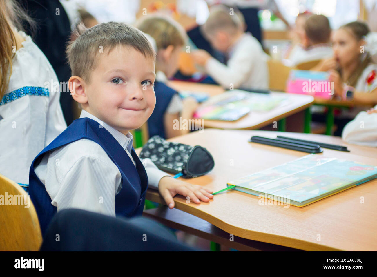 The boy student is watching the lesson in elementary school class ...