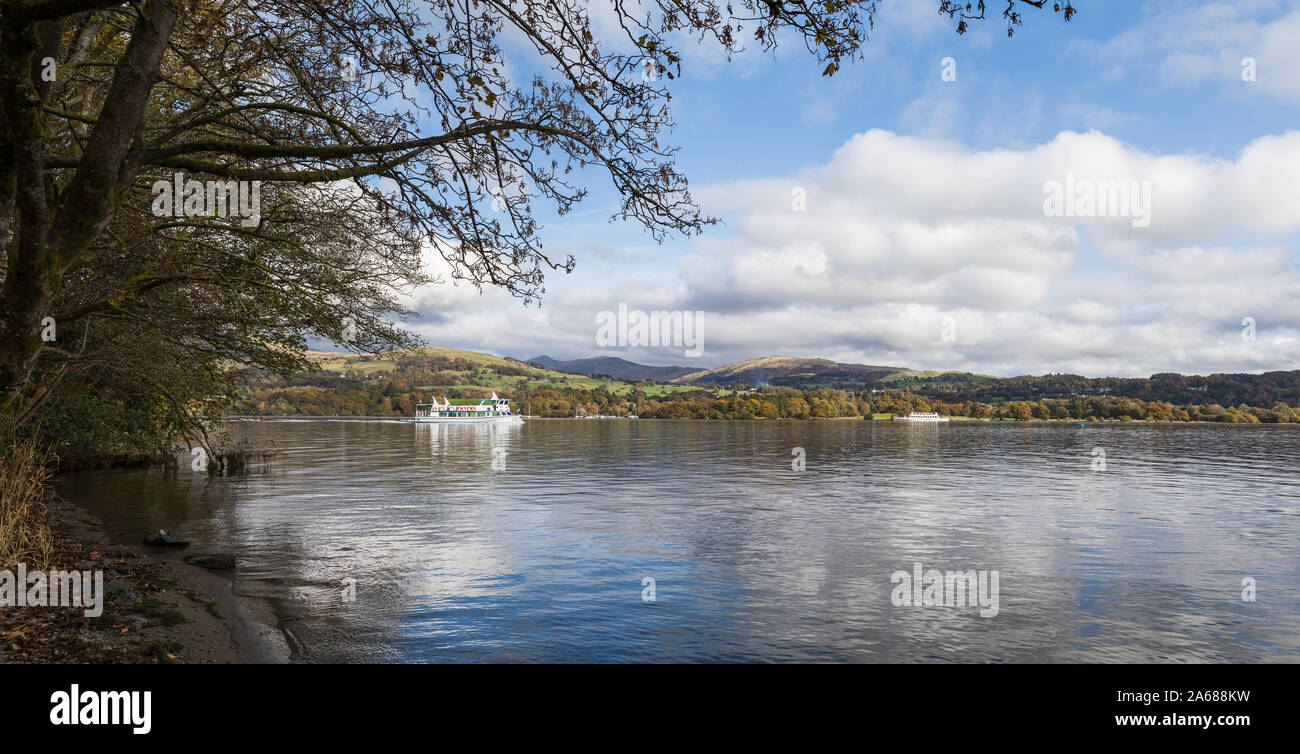 A ferry seen on Lake Windermere during the autumn of 2019 captured as a ...