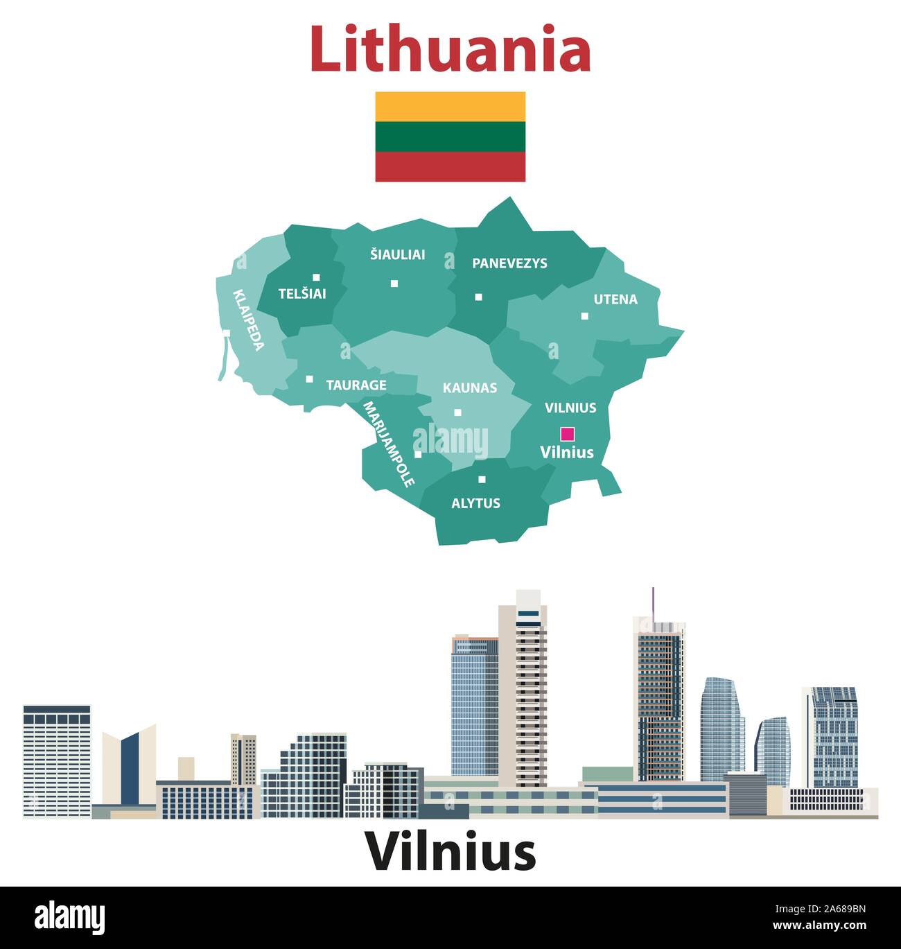 Lithuania regions map and flag. Vilnius city skyline. Vector ...