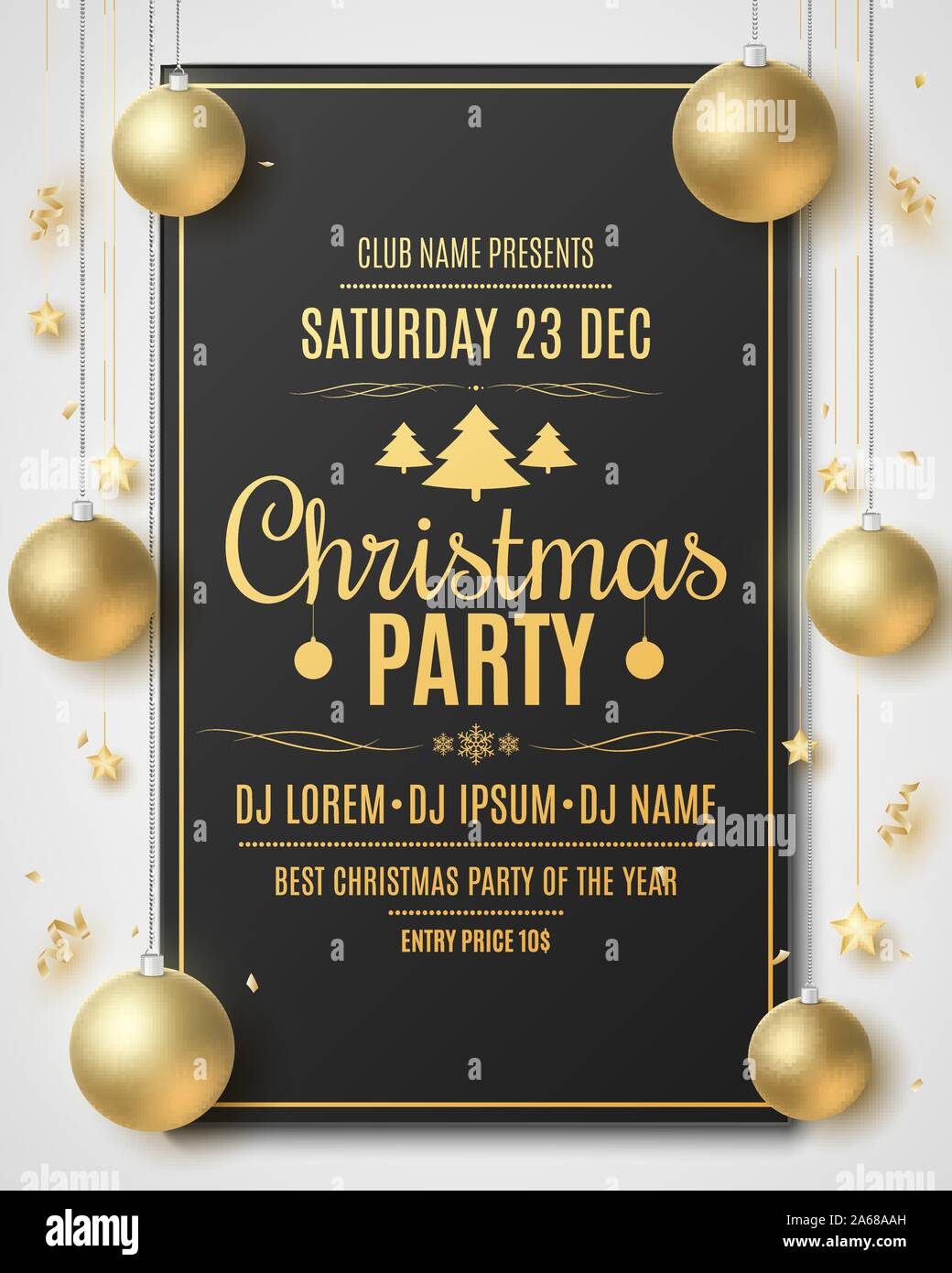 Christmas flyer for party. Xmas concept. Festive balls and golden stars ...
