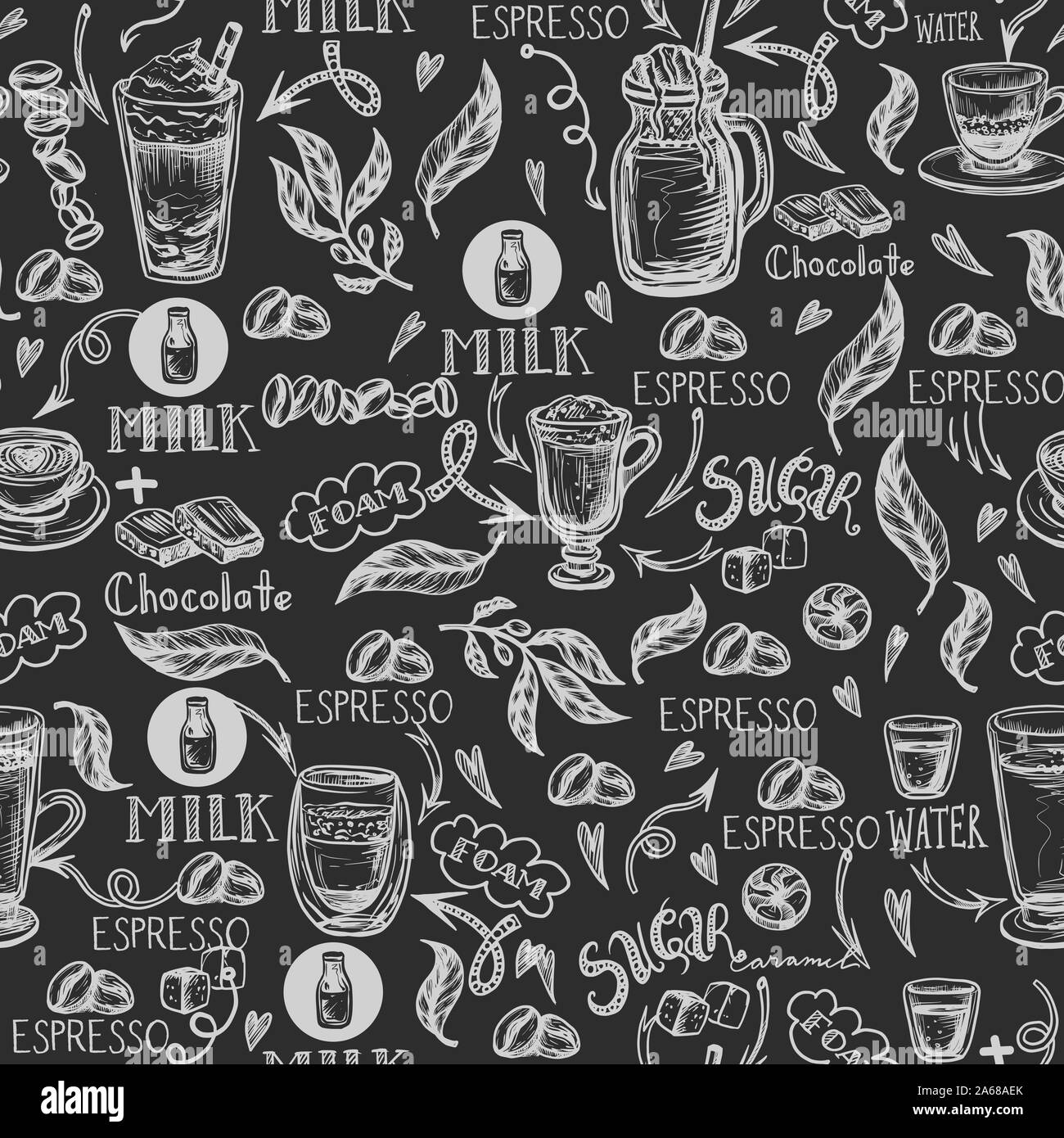 Seamless doodle coffee pattern Black and White Stock Photos & Images ...