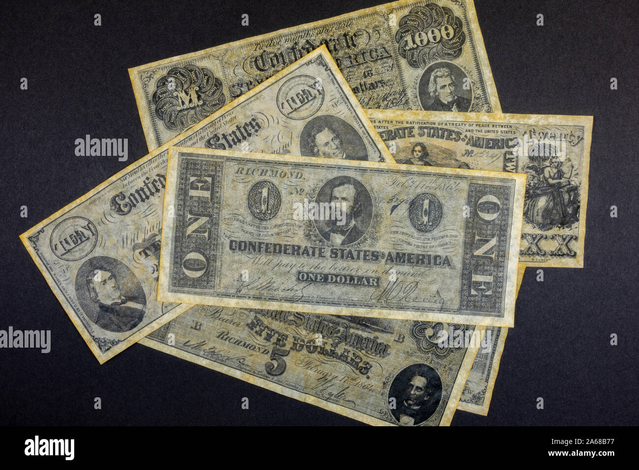 A pile of replica Confederate States of America currency (from the ...