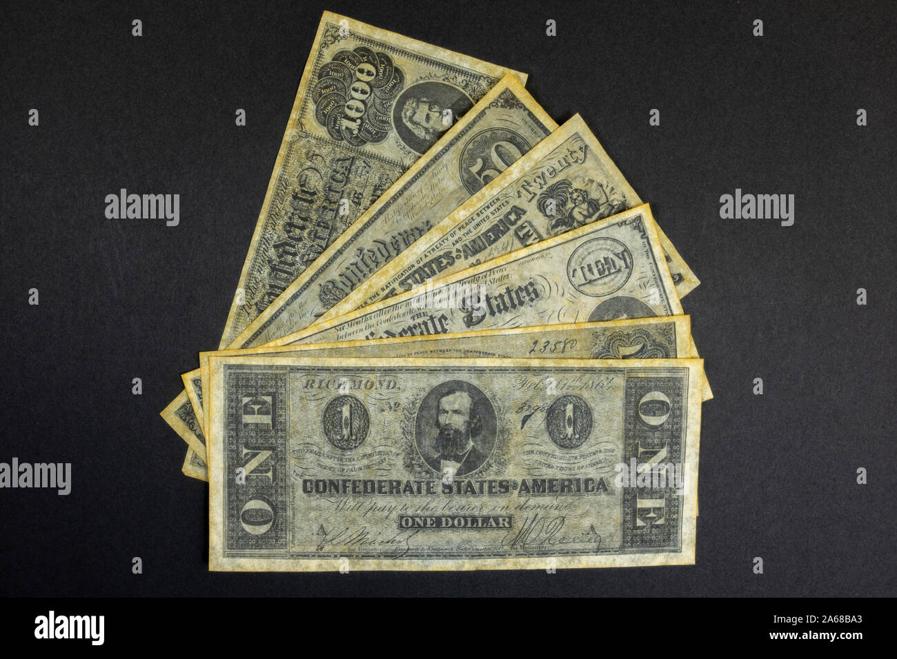 A pile of replica Confederate States of America currency (from the ...