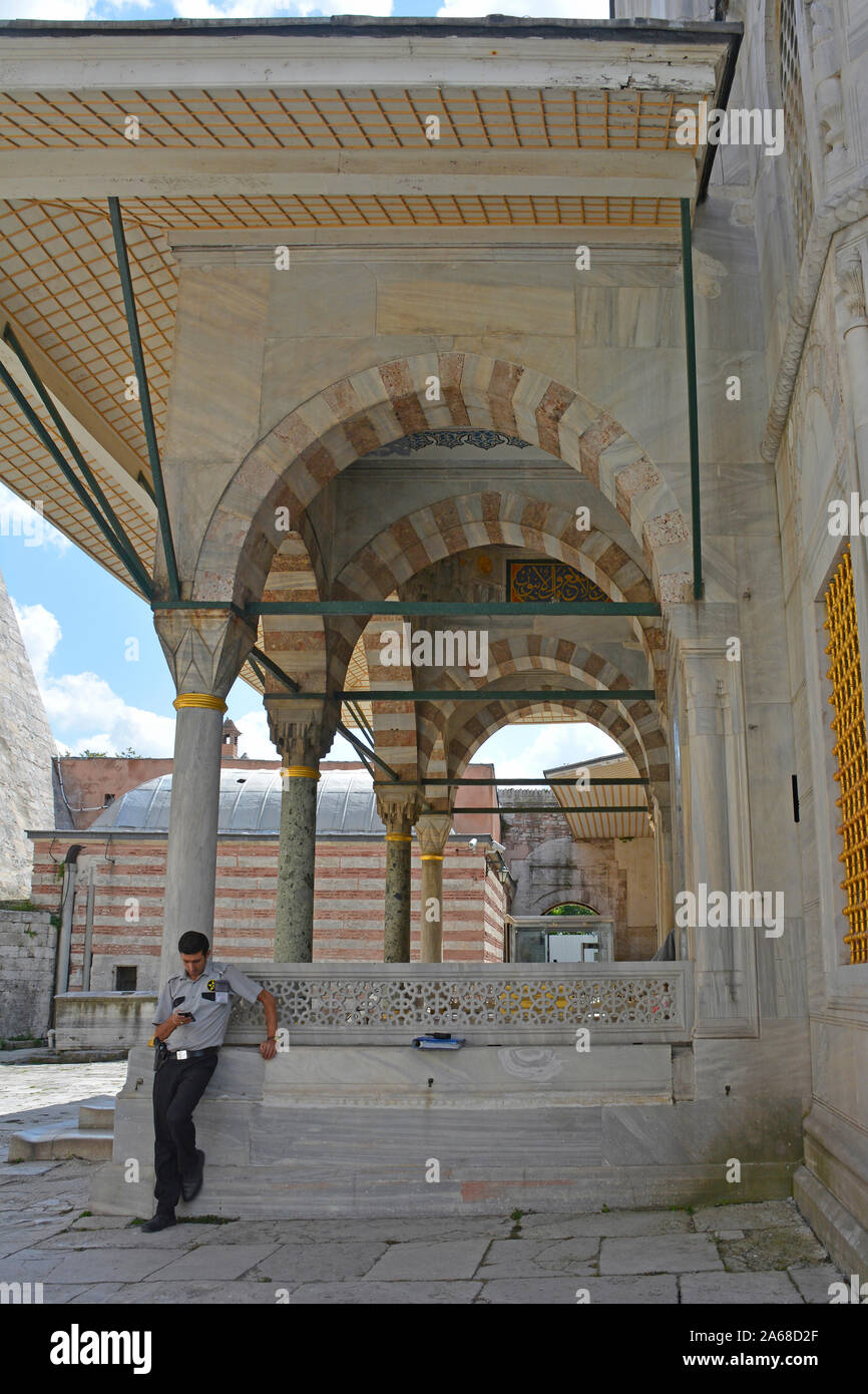 Istanbul, Turkey - September 5th 2019. A security guard checks his ...